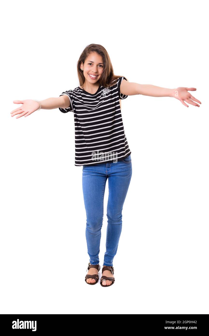 Studio shot of a beautiful woman offering a hug Stock Photo - Alamy