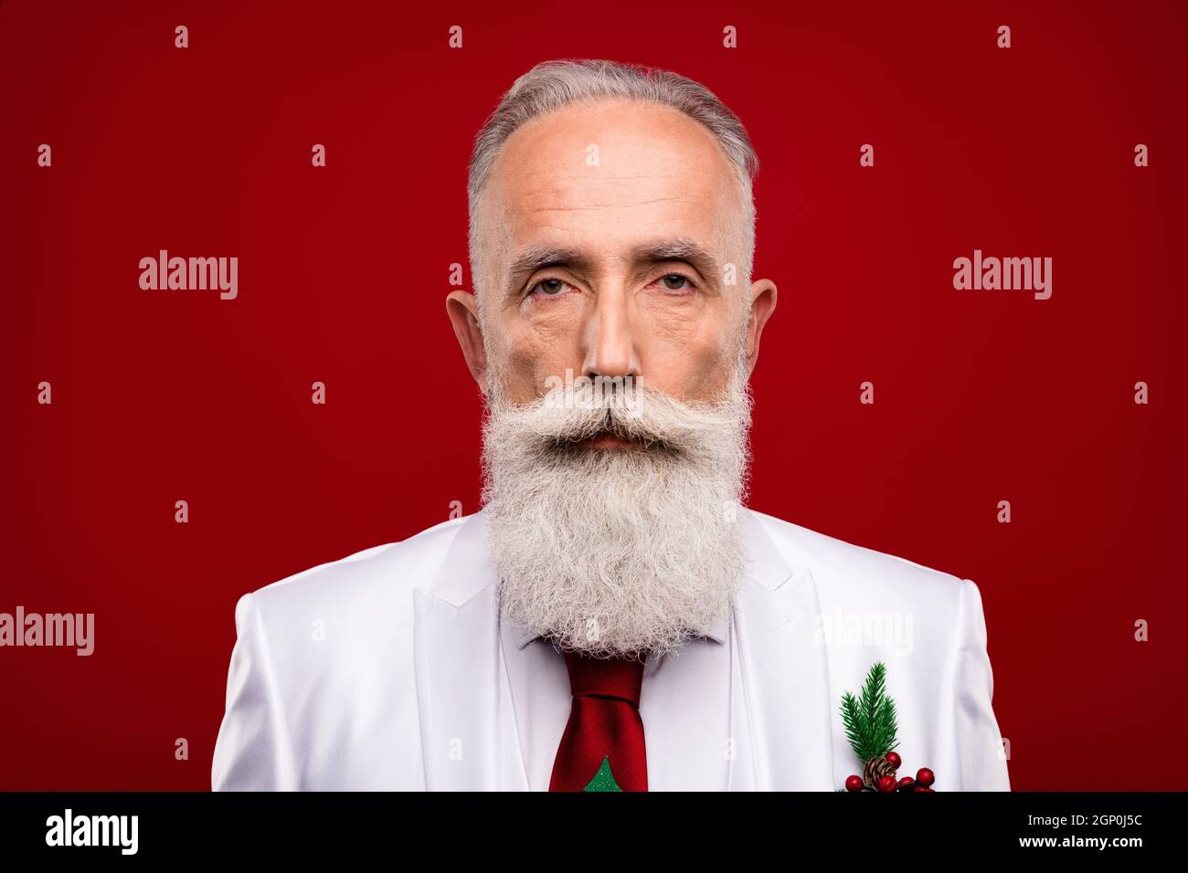 Photo of serious old charming man wear white suit showman presenter ...