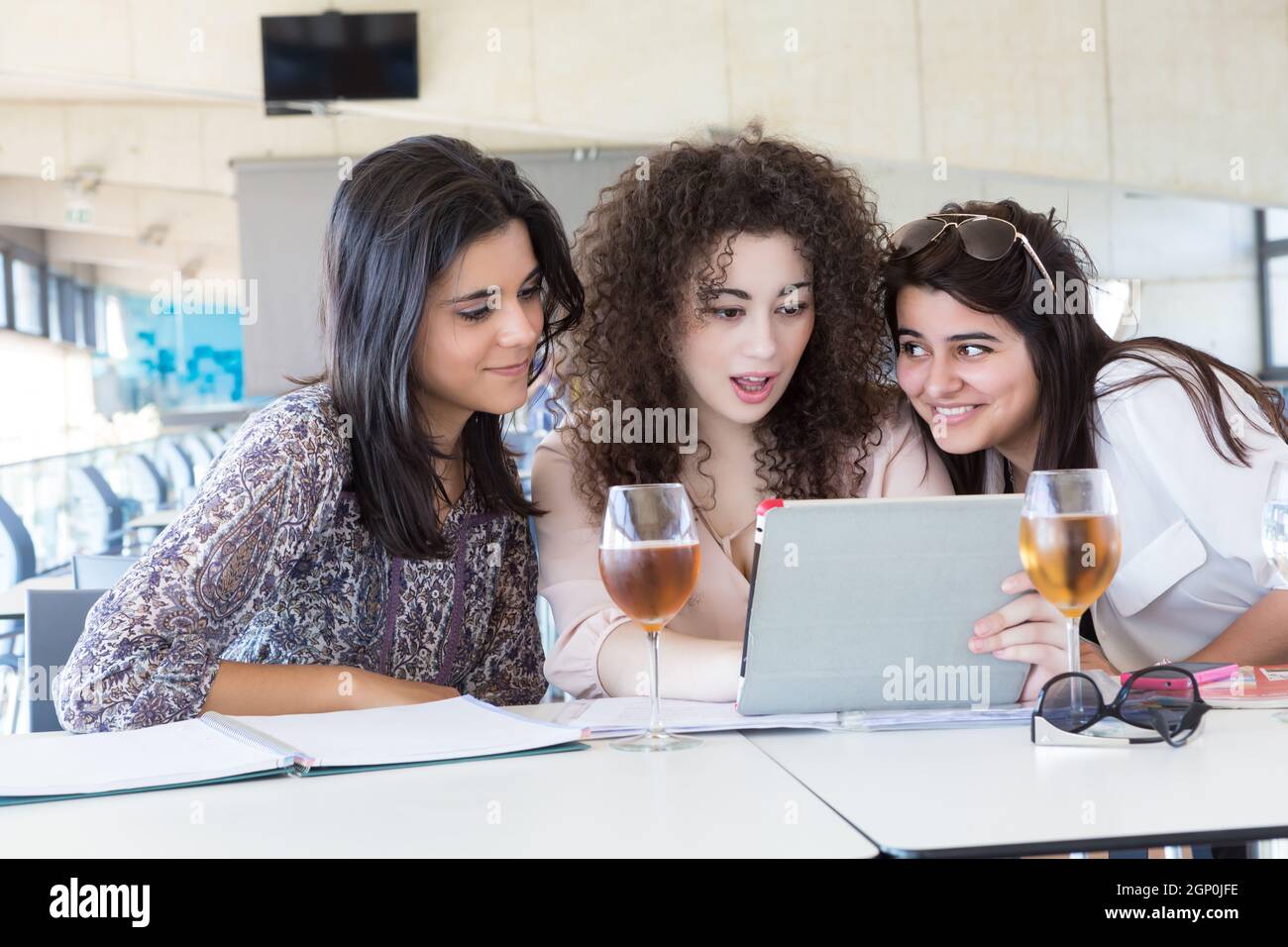 Group of happy students preparing their exams or simply relaxing at a ...