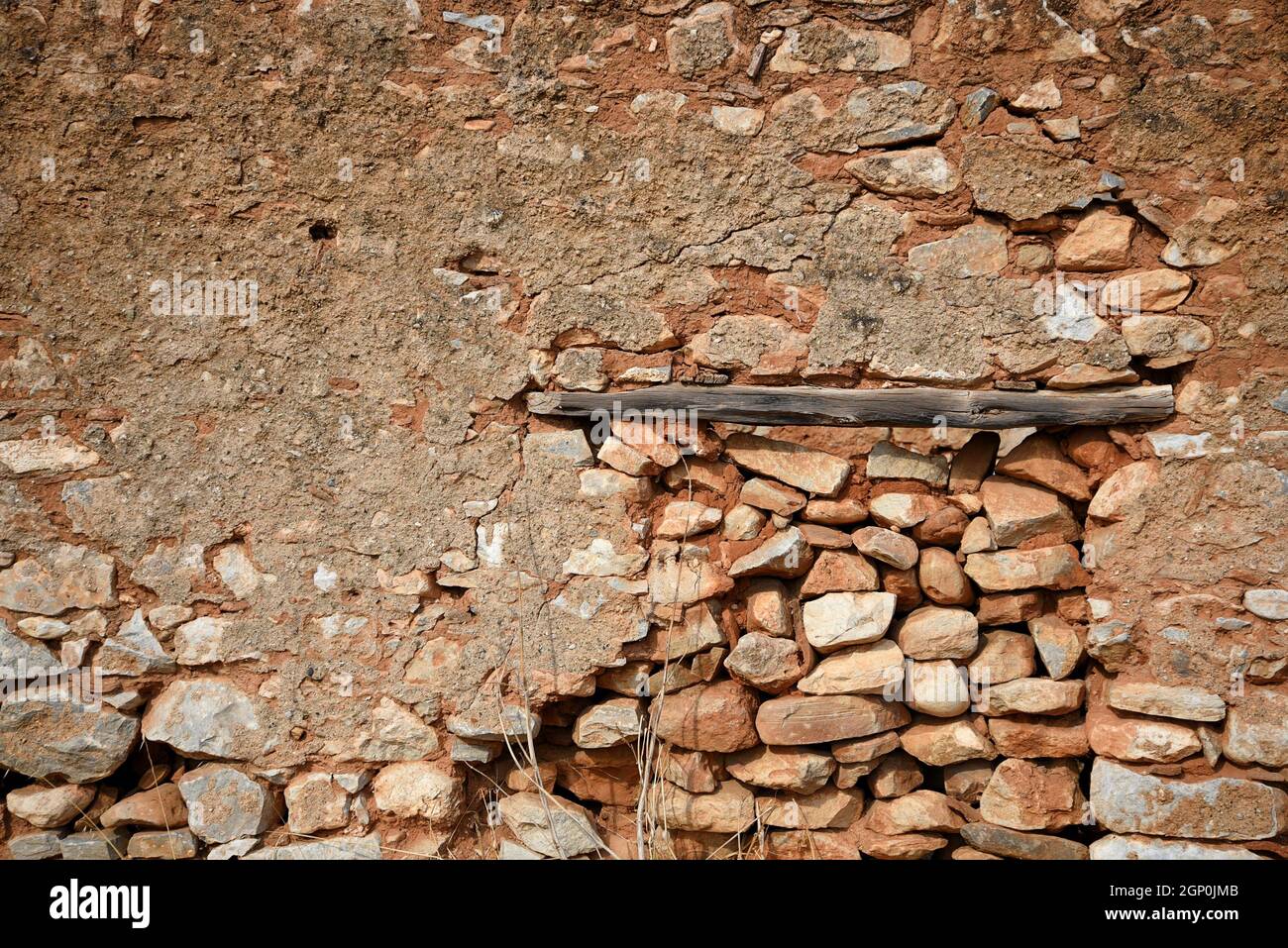 Old abandoned rural house exterior mortared stone wall in Attica ...
