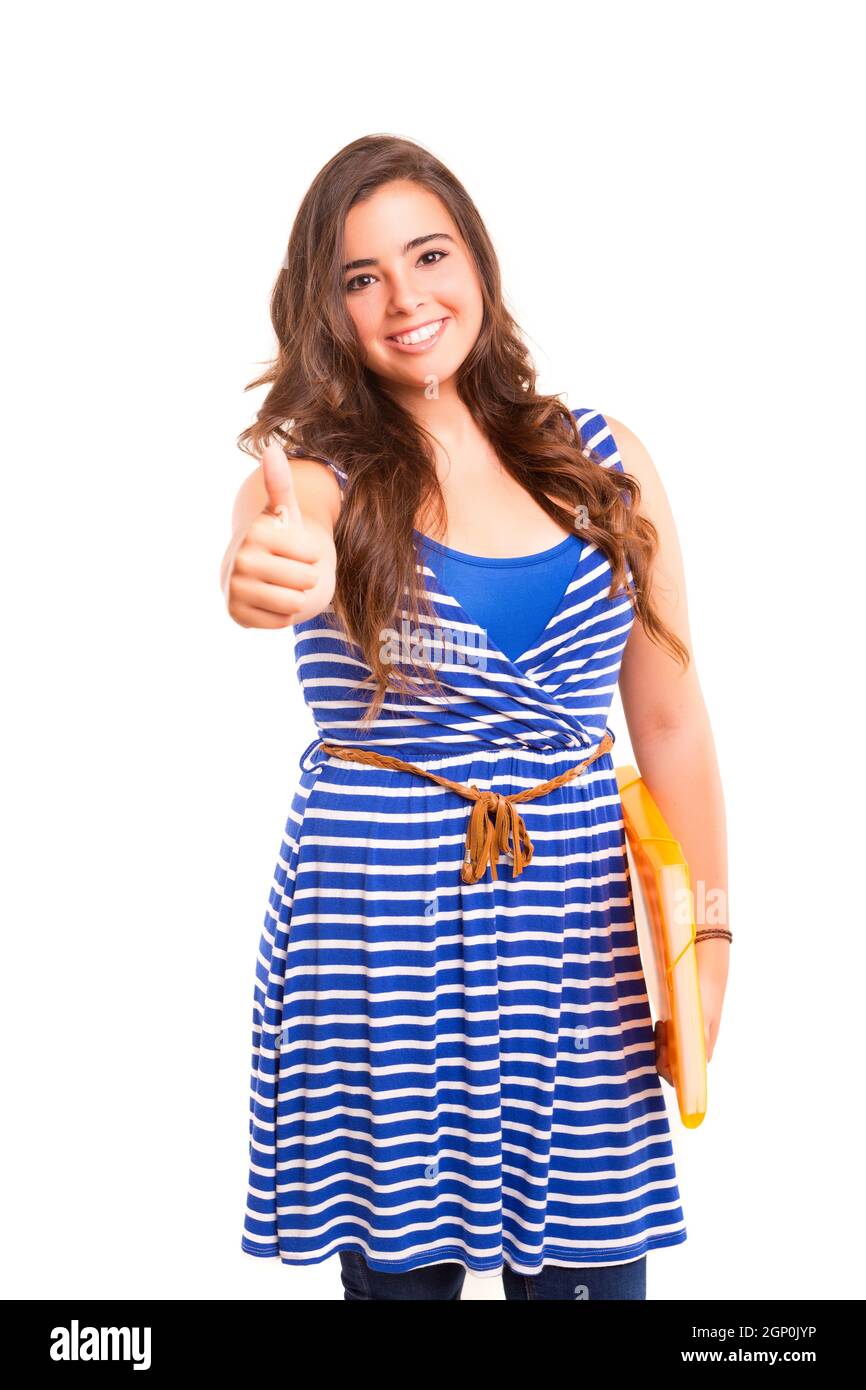 Happy young student expressing positivity sign, isolated over white ...