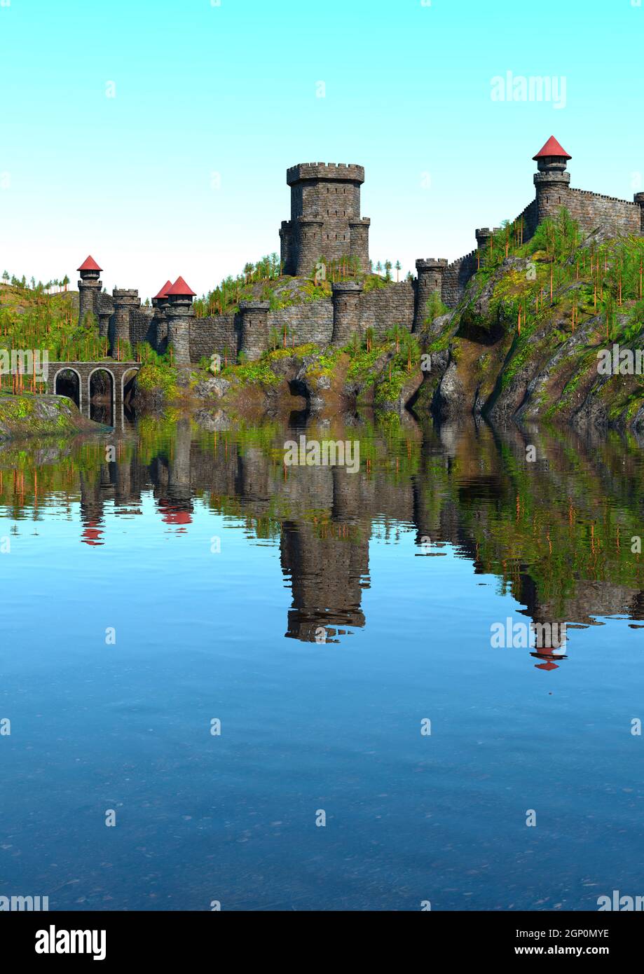 3D rendering of a medieval landscape with an old castle Stock Photo - Alamy