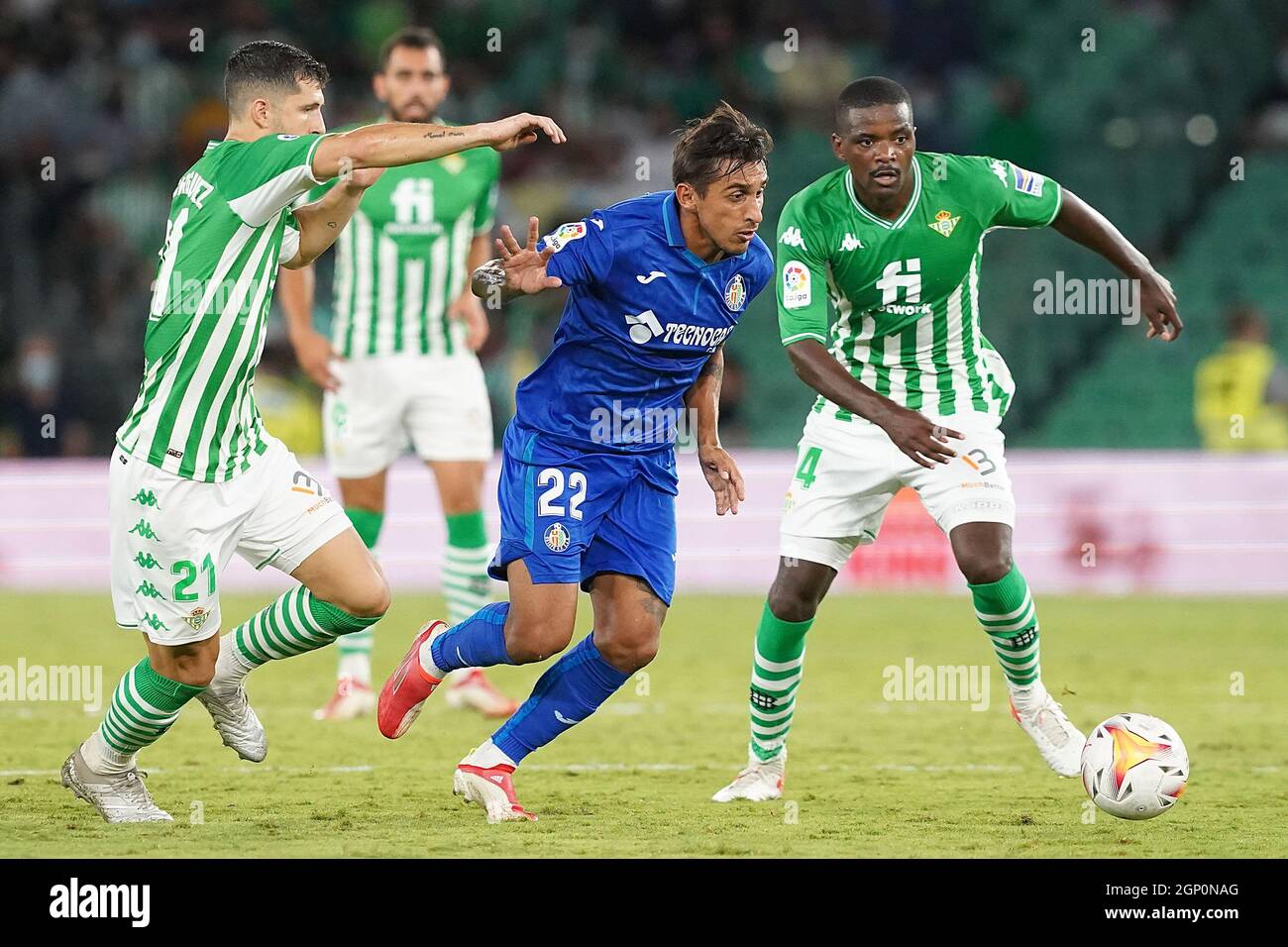 Sevilla, Spain - Real Betis Balompie's Guido Rodriguez (l) and William Carvalho (r) and Getafe ...