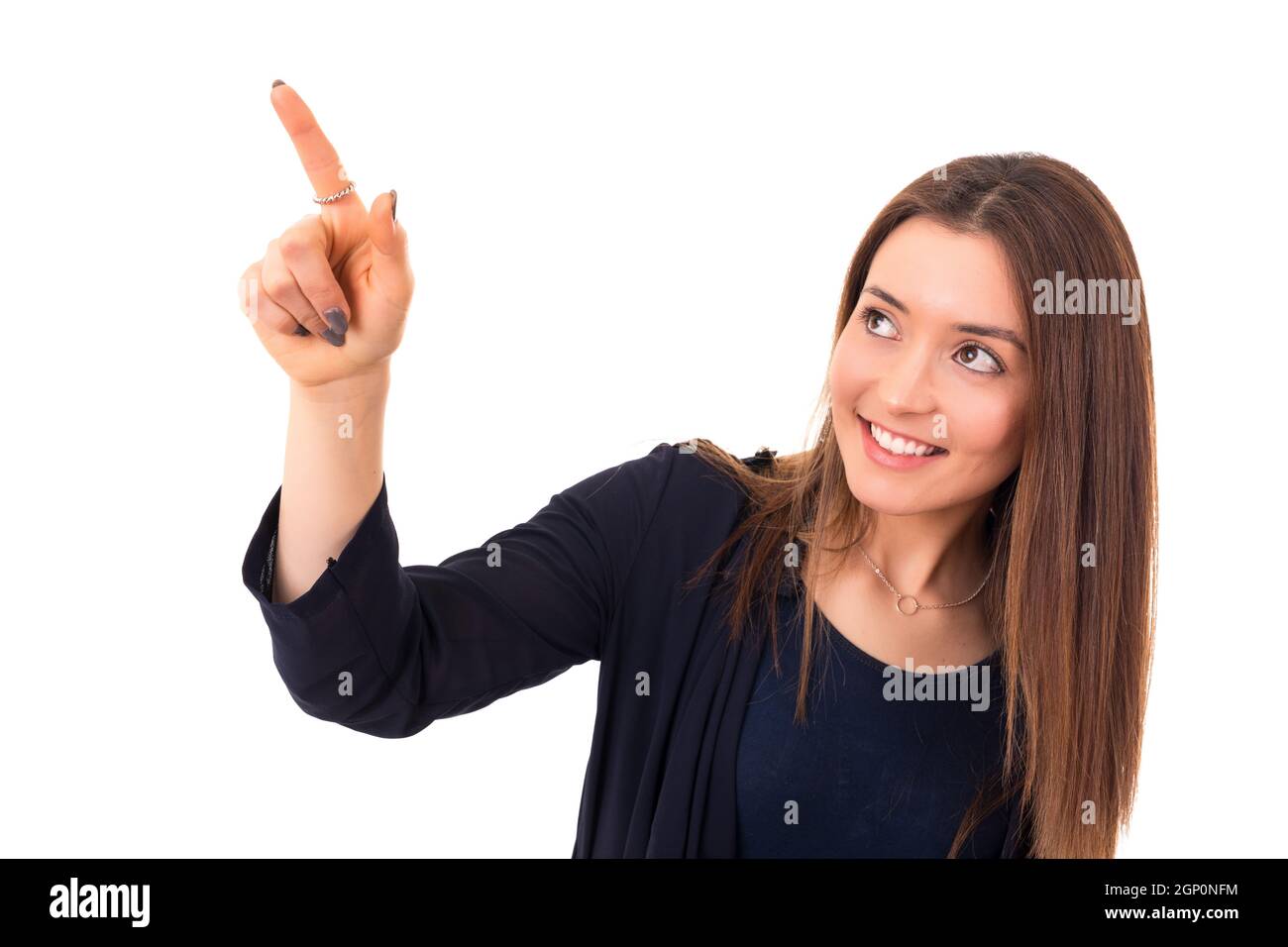 Business woman pressing key, isolated over white Stock Photo - Alamy