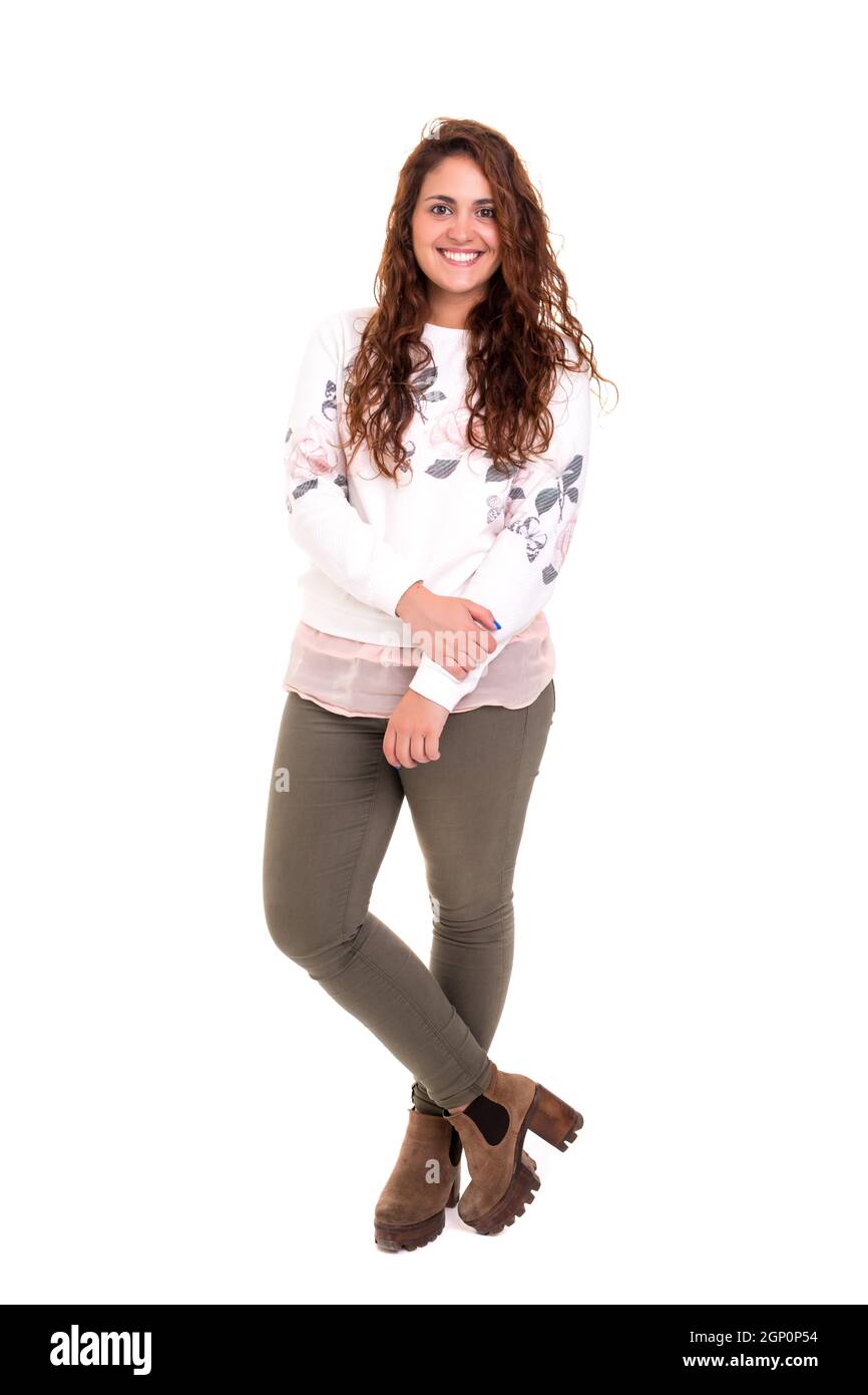 Happy overweighted woman posing isolated over white background Stock ...