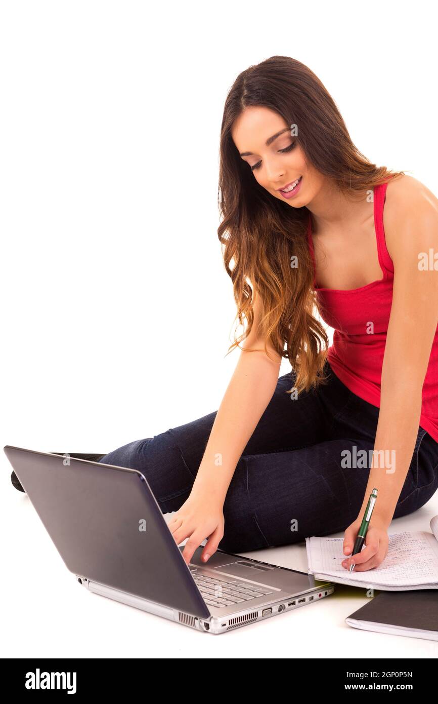 Young girl studying - isolated over white background Stock Photo - Alamy