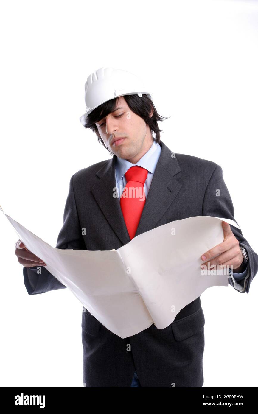 Young Engineer, reading a plan, isolated on white Stock Photo - Alamy