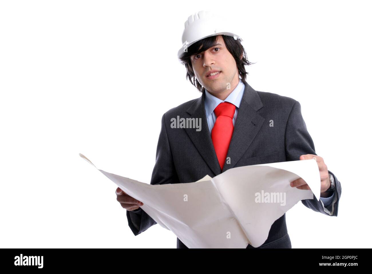 Young Engineer, reading a plan, isolated on white Stock Photo - Alamy