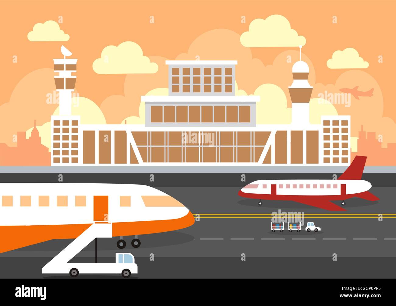 Airport Terminal building with infographic aircraft taking off and ...