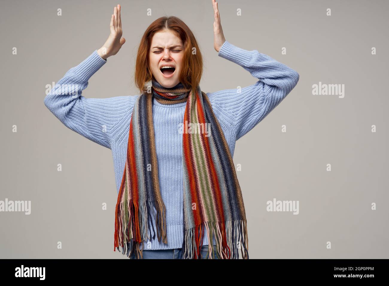 red-haired woman flu infection virus health care isolated background ...