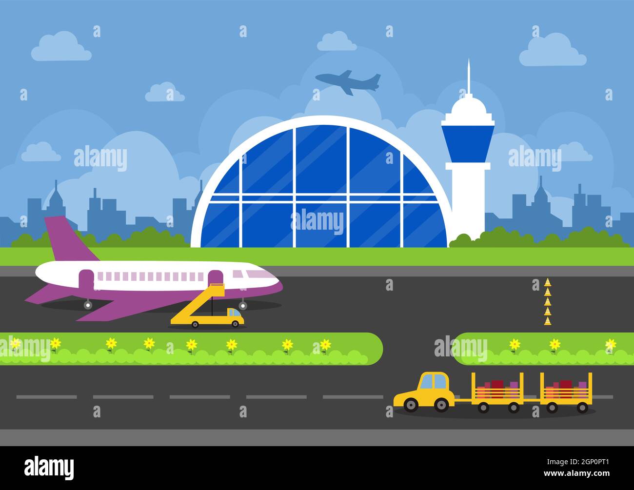 Airport Terminal building with infographic aircraft taking off and ...