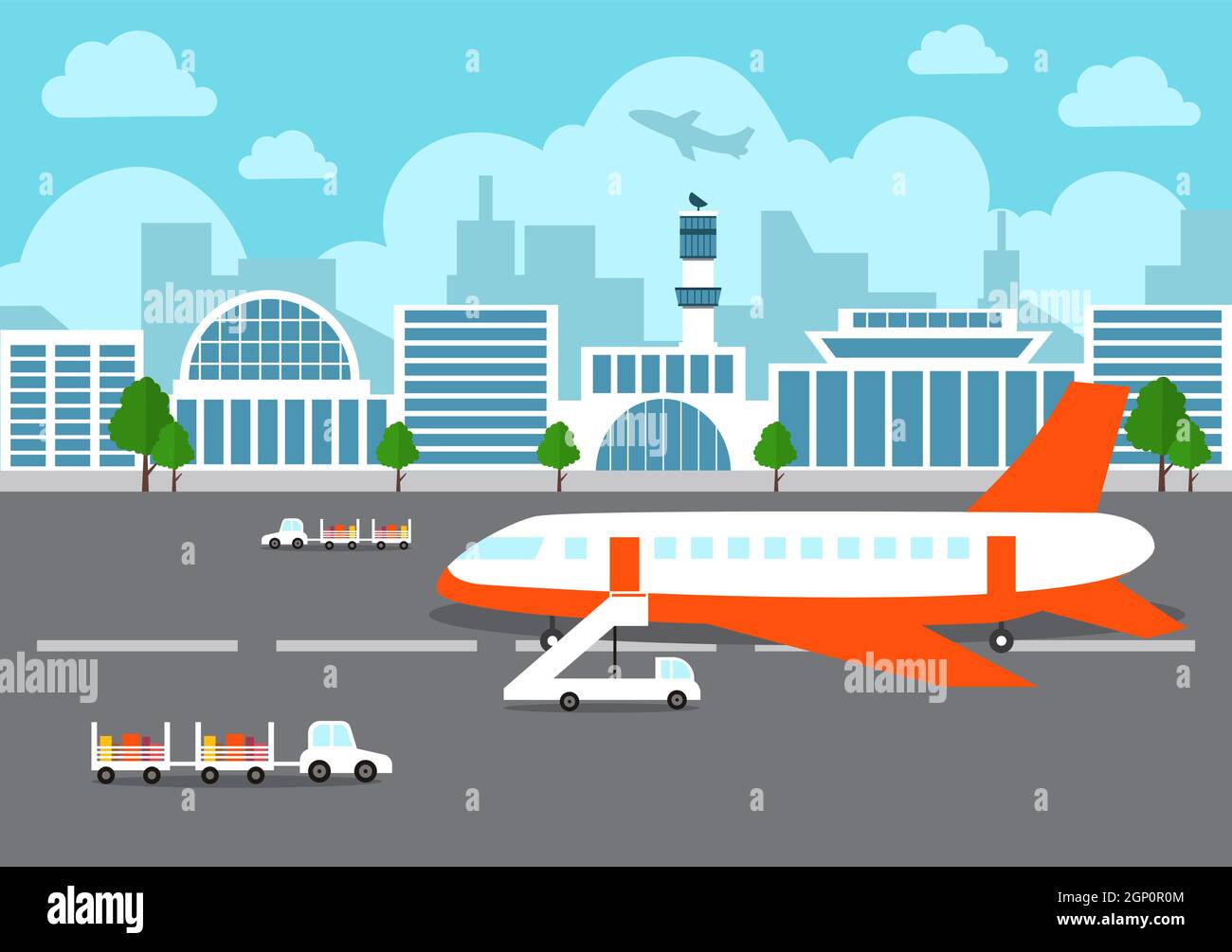 Airport Terminal building with infographic aircraft taking off and ...