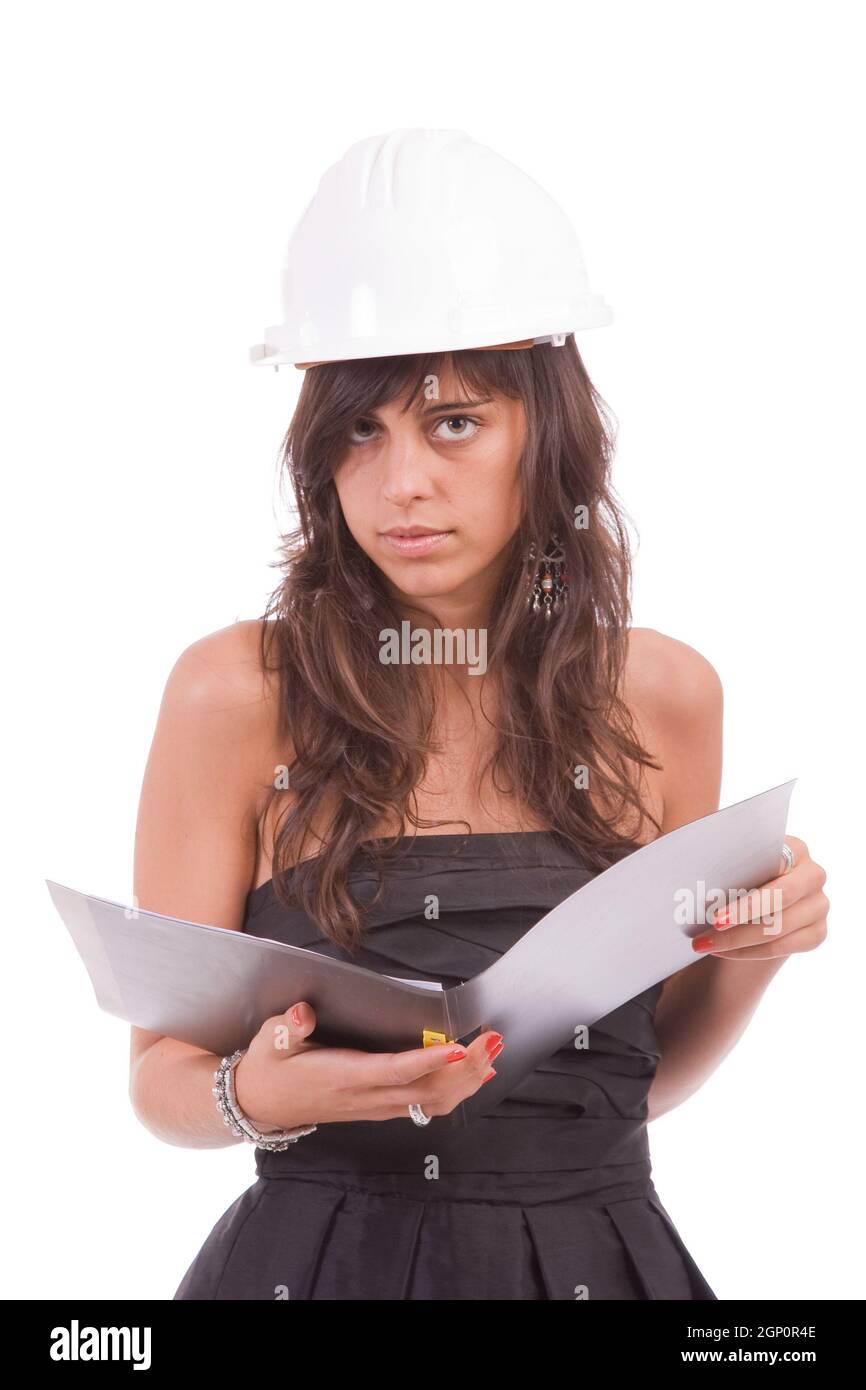 Engineer reading plan, isolated over white background Stock Photo - Alamy