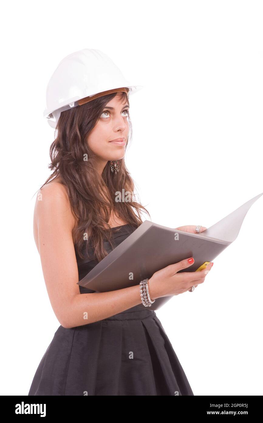 Engineer reading plan, isolated over white background Stock Photo - Alamy