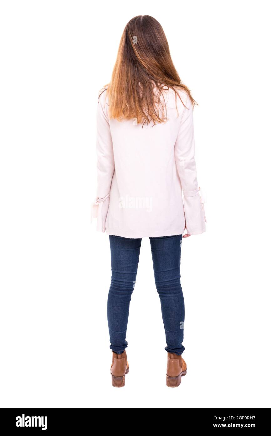 Woman posing with her back faced to camera, isolated over copy space ...