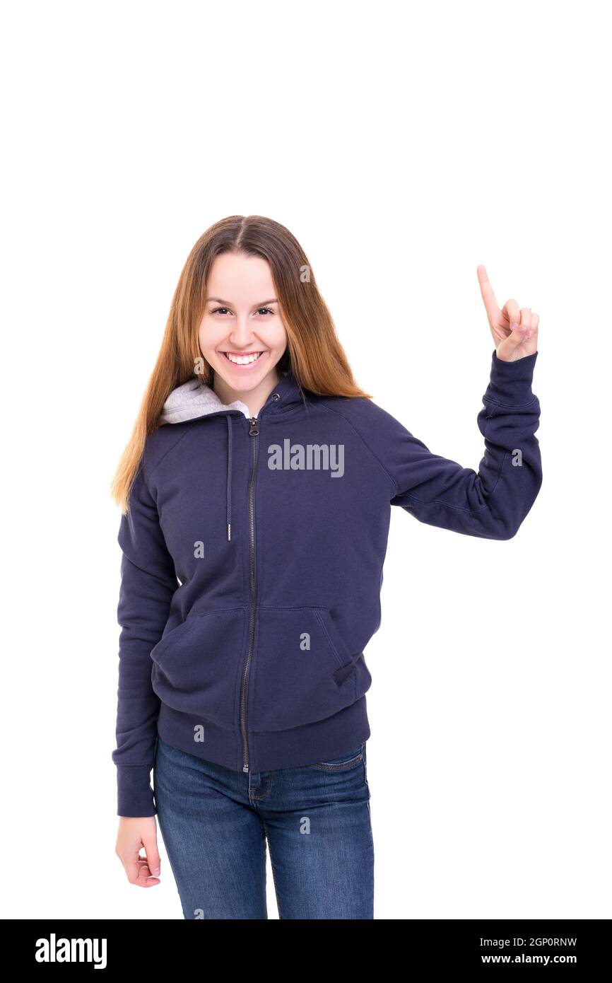 Business woman pressing key, isolated over white Stock Photo - Alamy