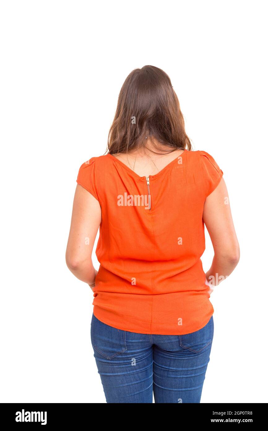 Woman posing with her back faced to camera, isolated over copy space ...