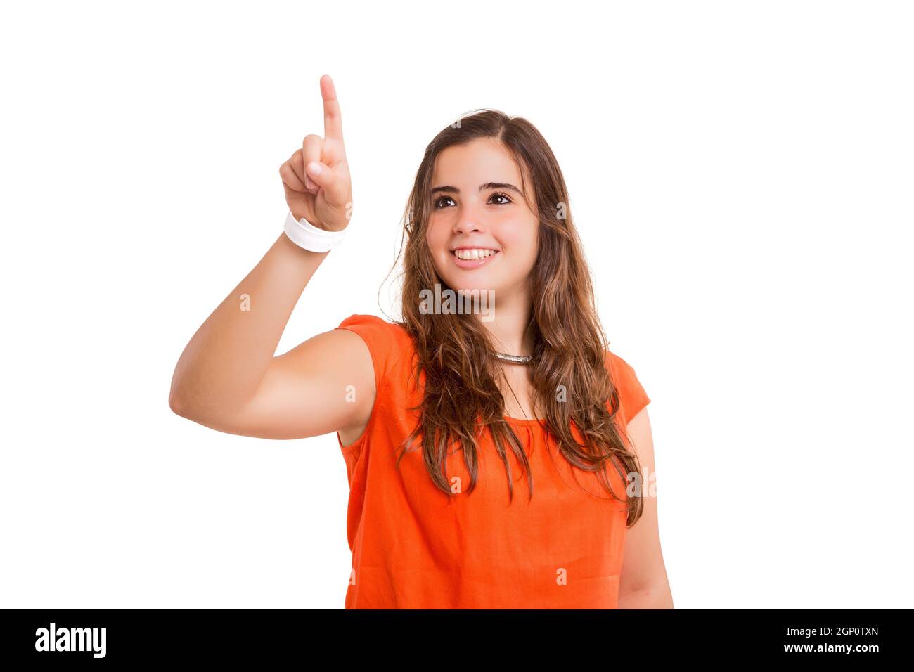 Business woman pressing key, isolated over white Stock Photo - Alamy