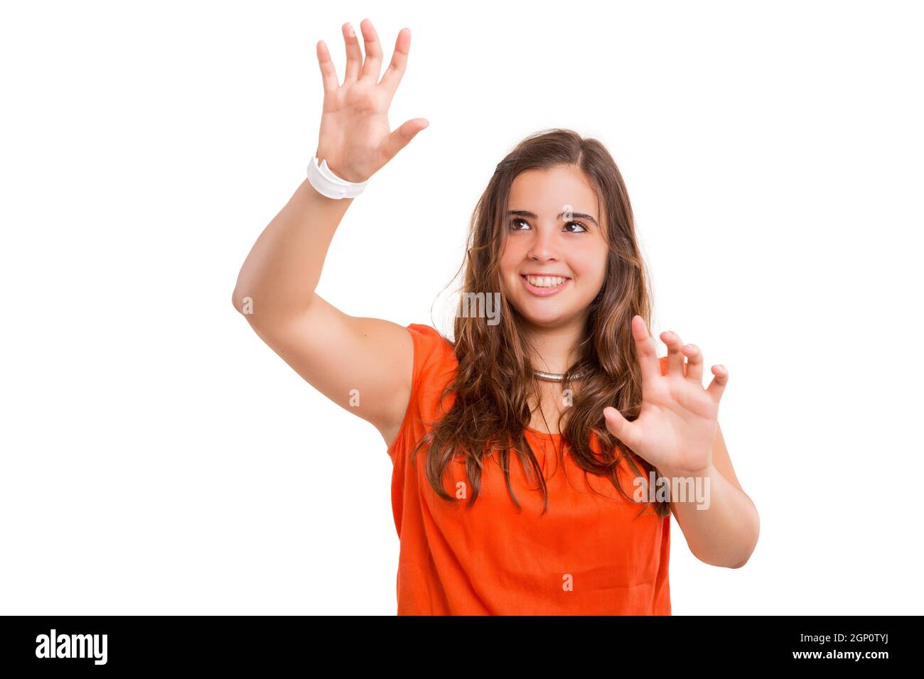 Business woman pressing key, isolated over white Stock Photo - Alamy
