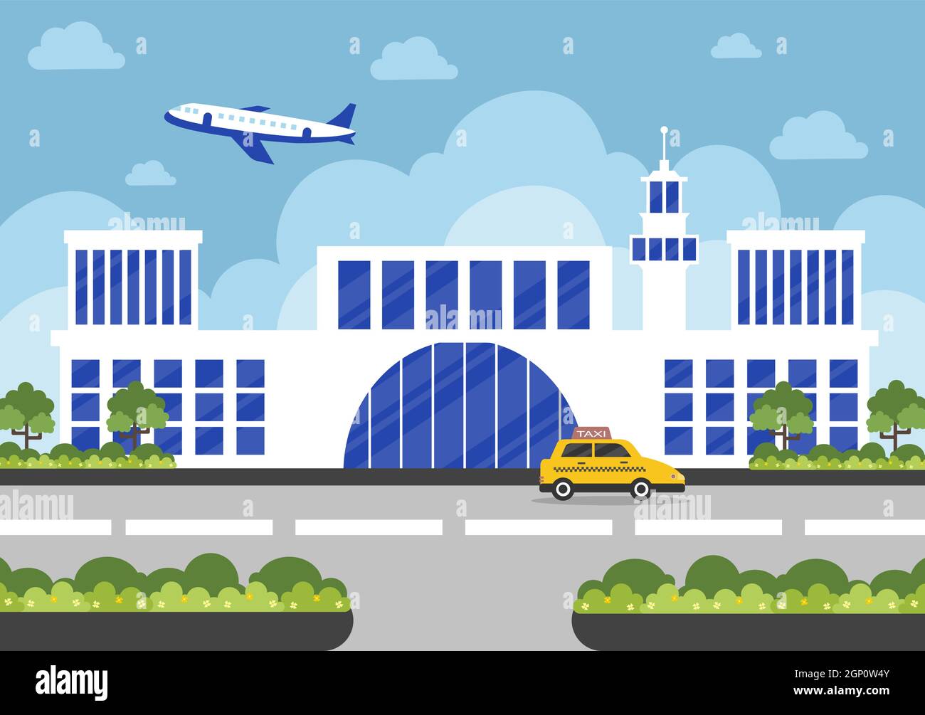 Airport Terminal building with infographic aircraft taking off and ...