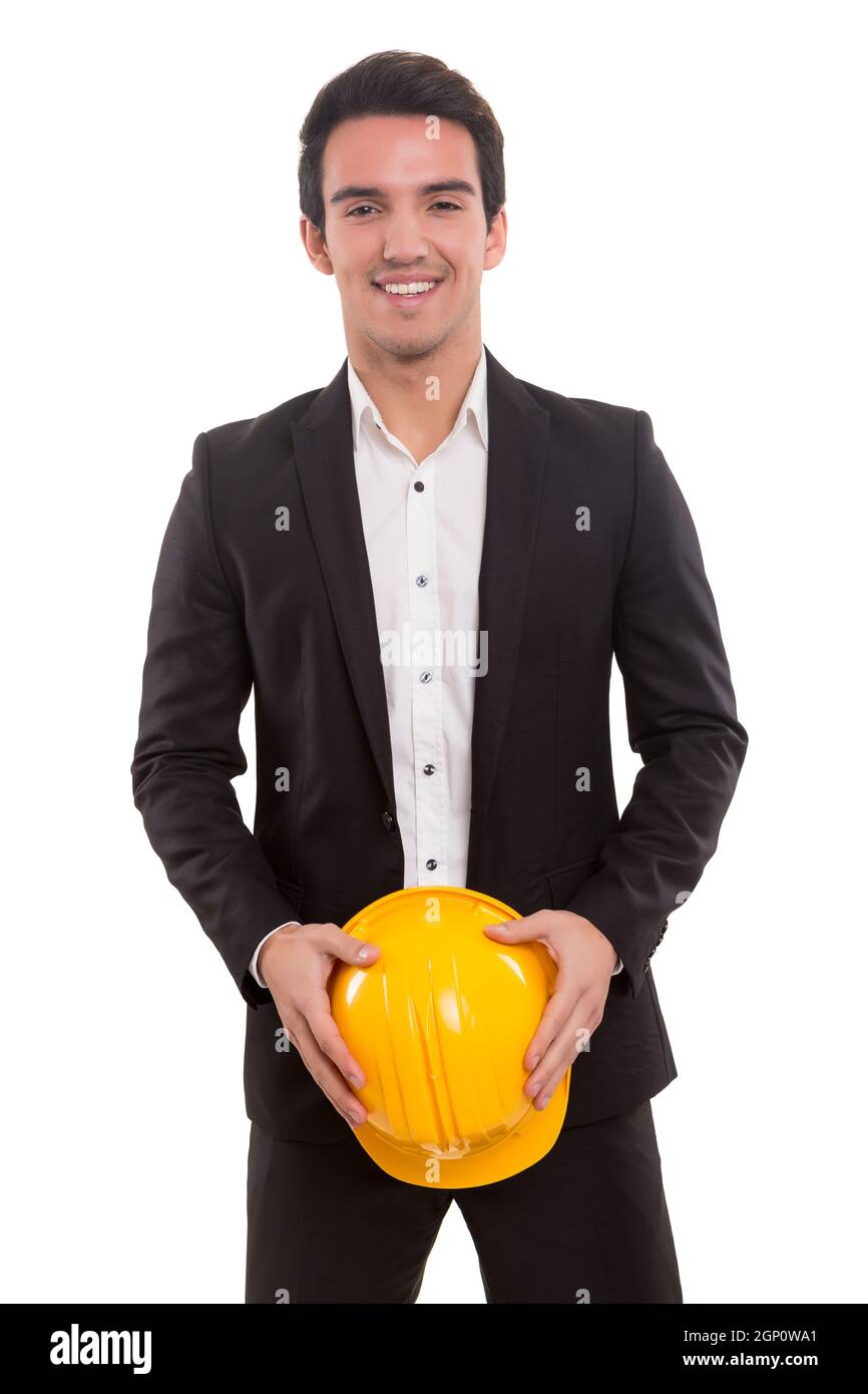 Handsome young engineer posing isolated over white background Stock ...