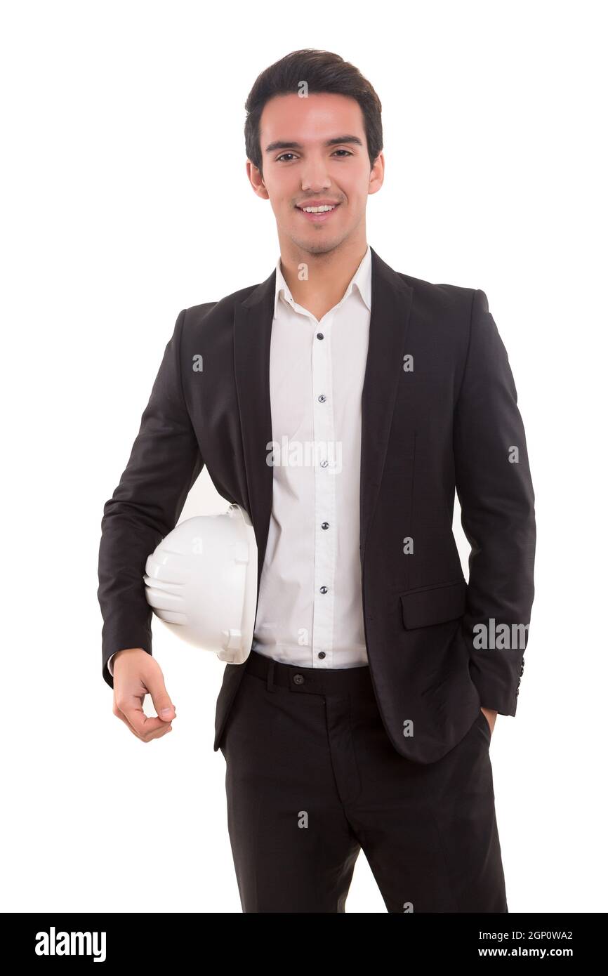 Handsome young engineer posing isolated over white background Stock ...