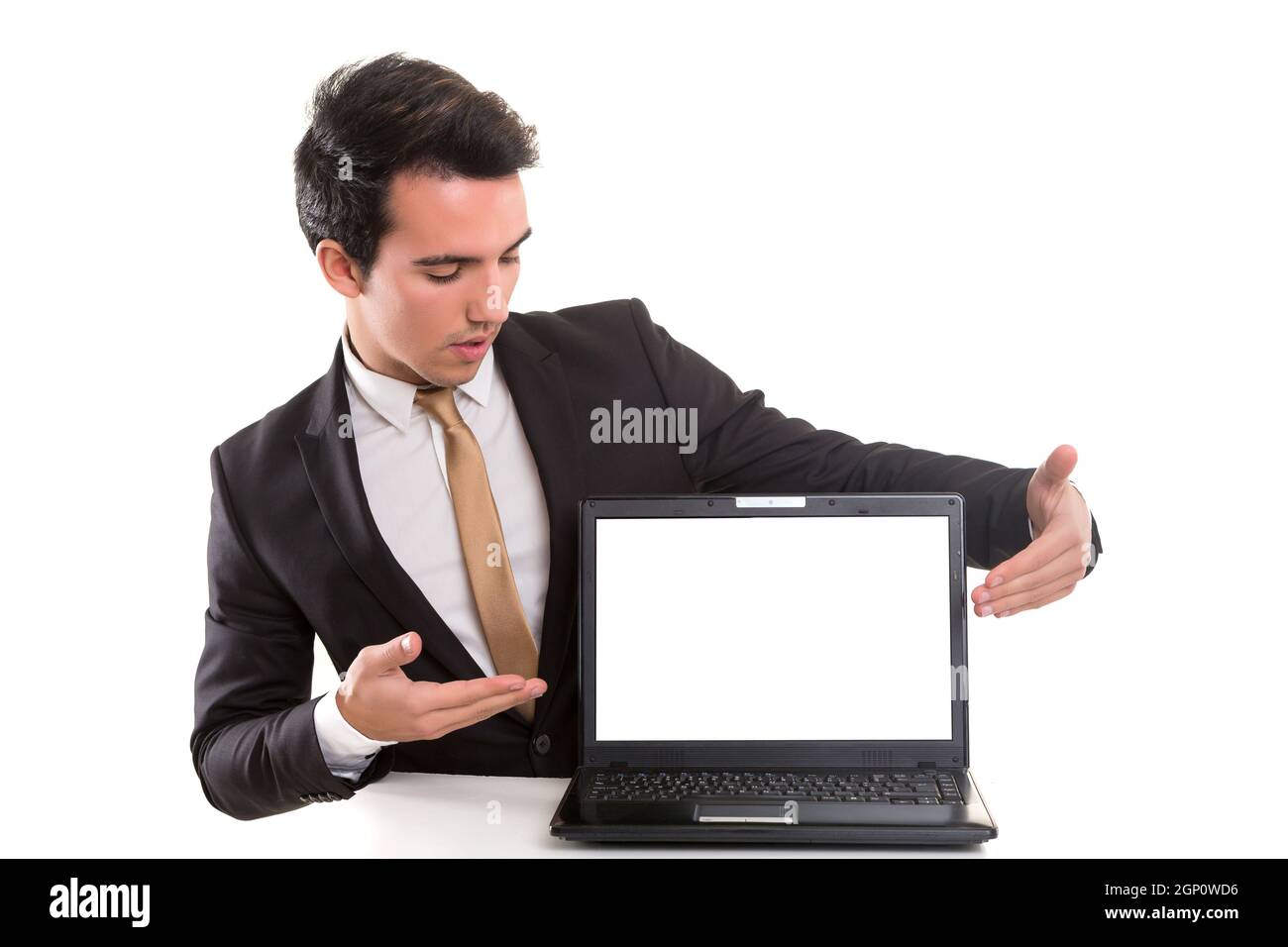 Young man presenting your product in a laptop computer Stock Photo - Alamy