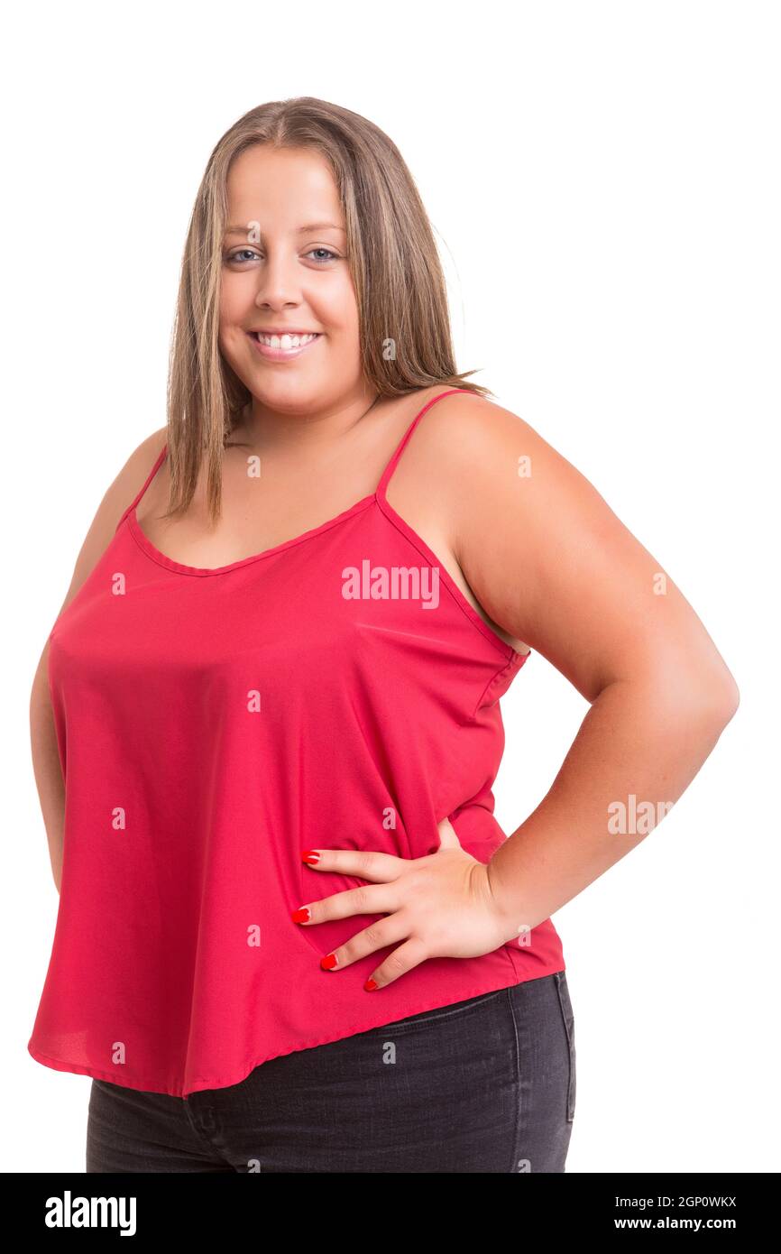 Happy overweighted woman posing isolated over white background Stock ...