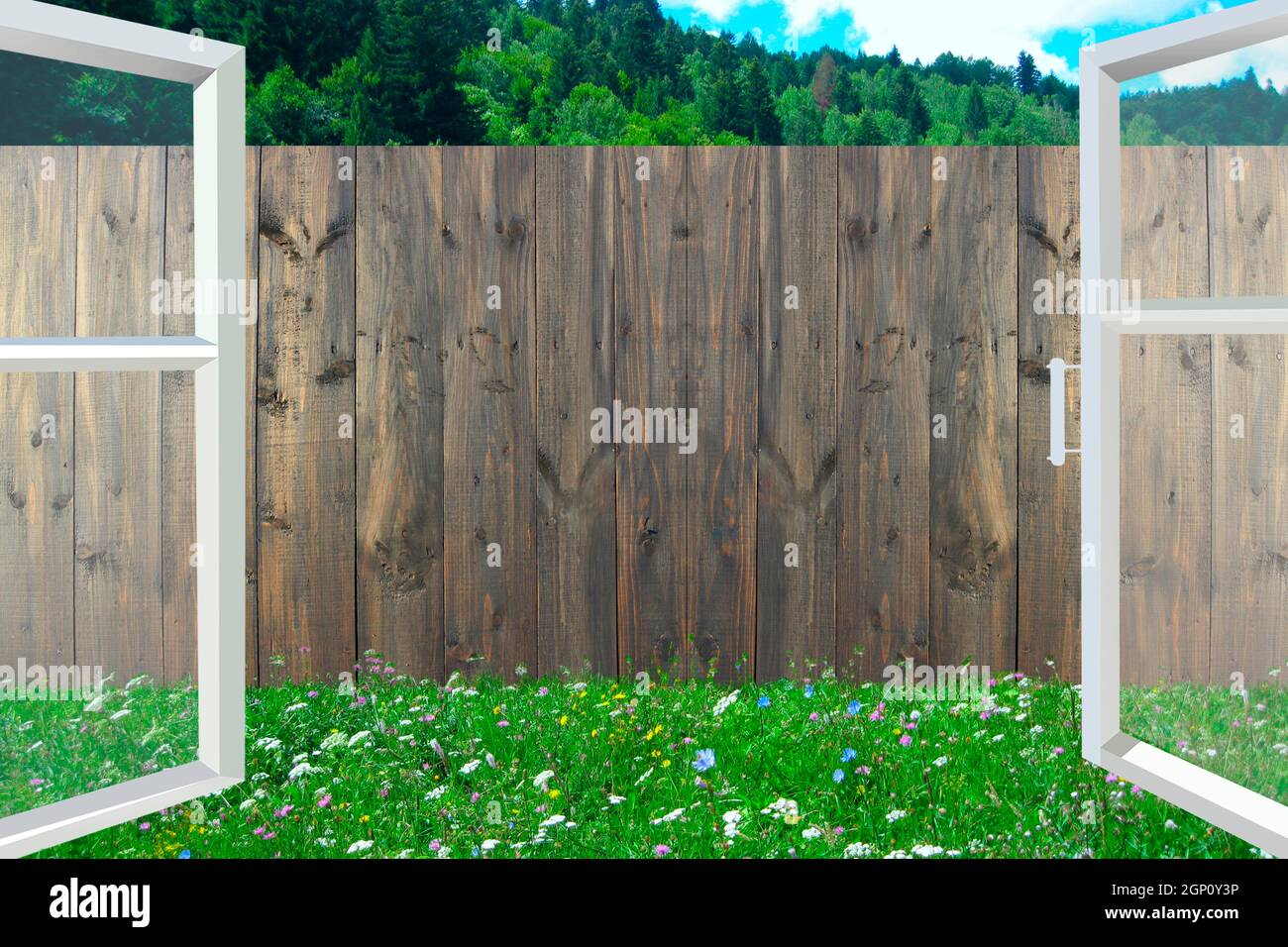 Open window overlooking the fence. Window overlooking the summer ...