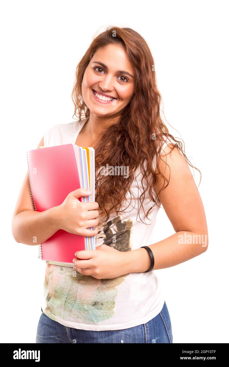 Young student woman posing over white background Stock Photo - Alamy