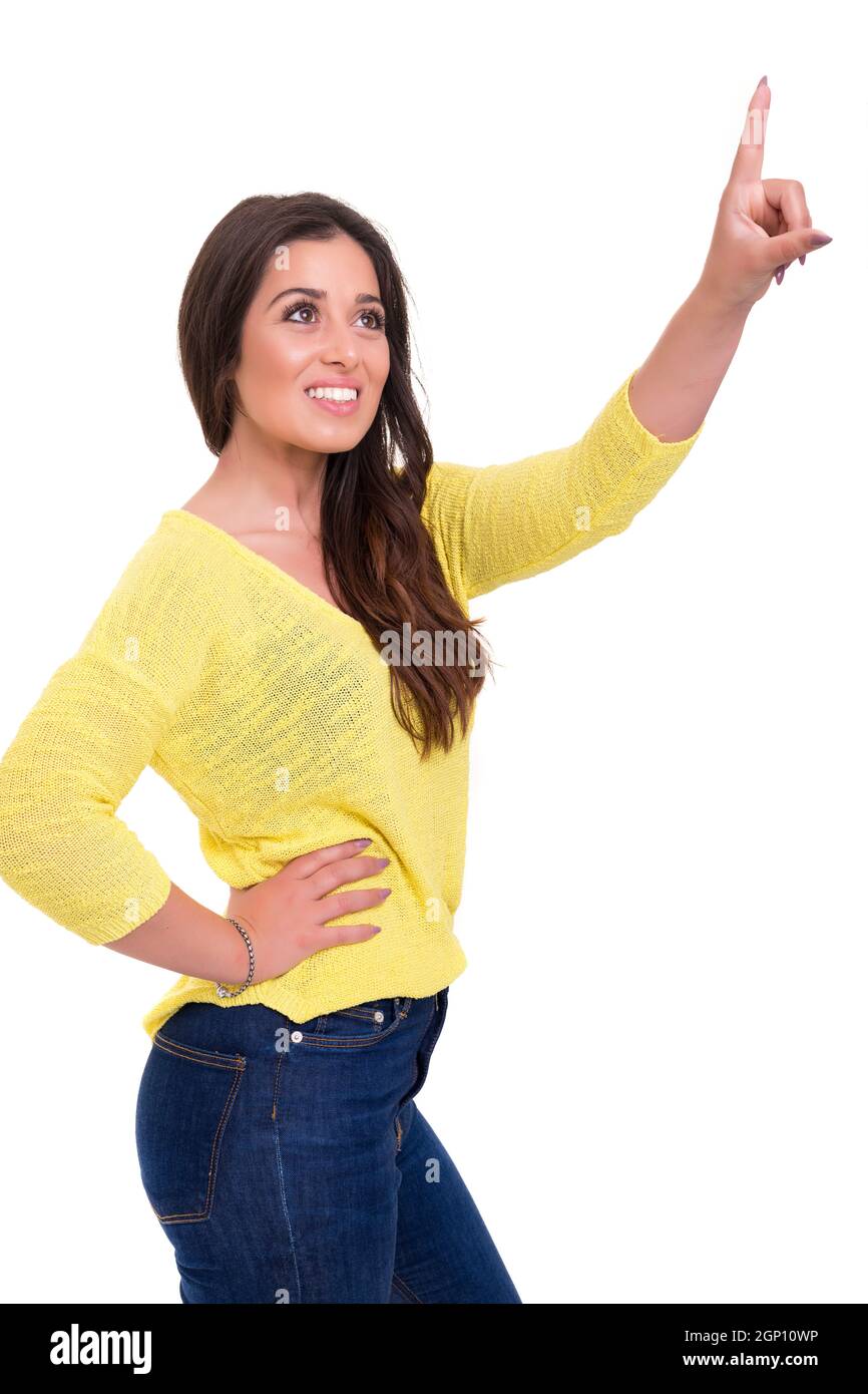 Business woman pressing key, isolated over white Stock Photo - Alamy