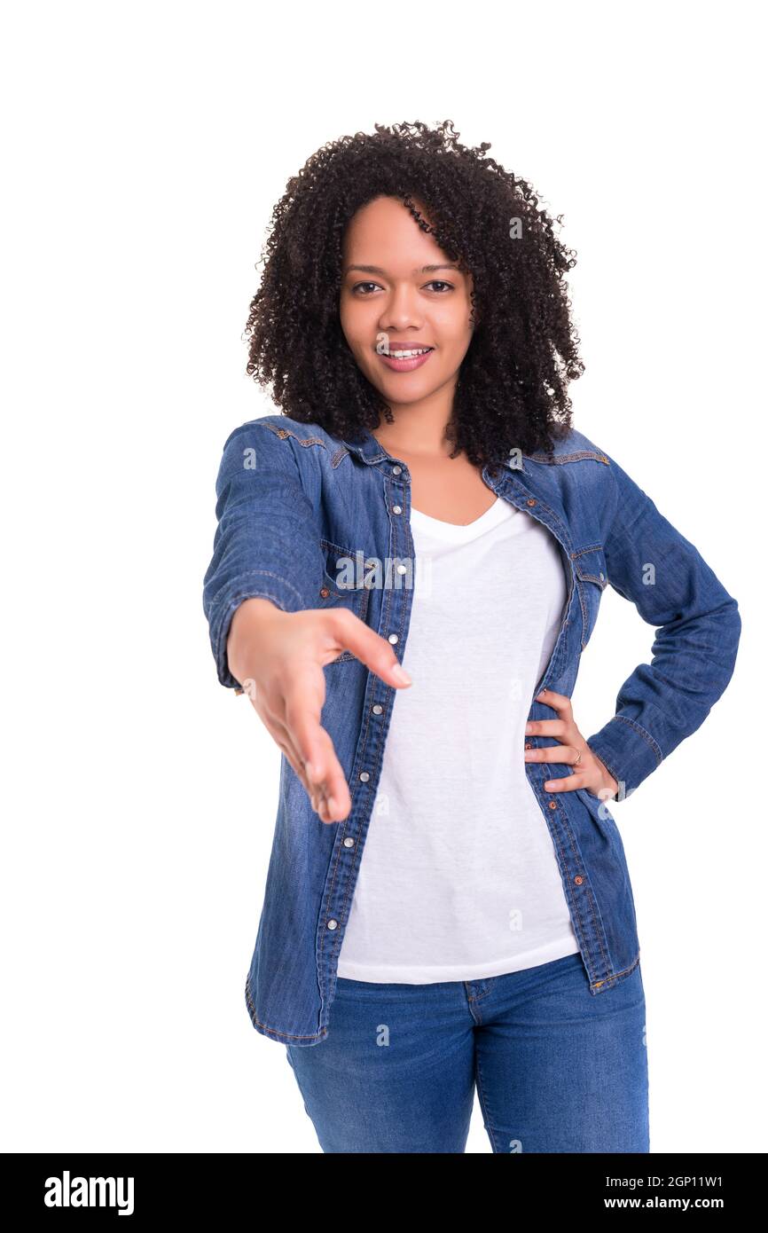A beautiful african business woman offering handshake, isolated over ...
