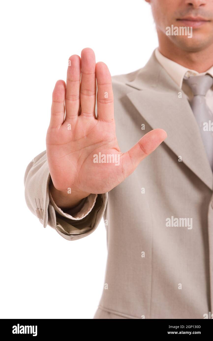 Business man making stop sign - focus on hand Stock Photo - Alamy