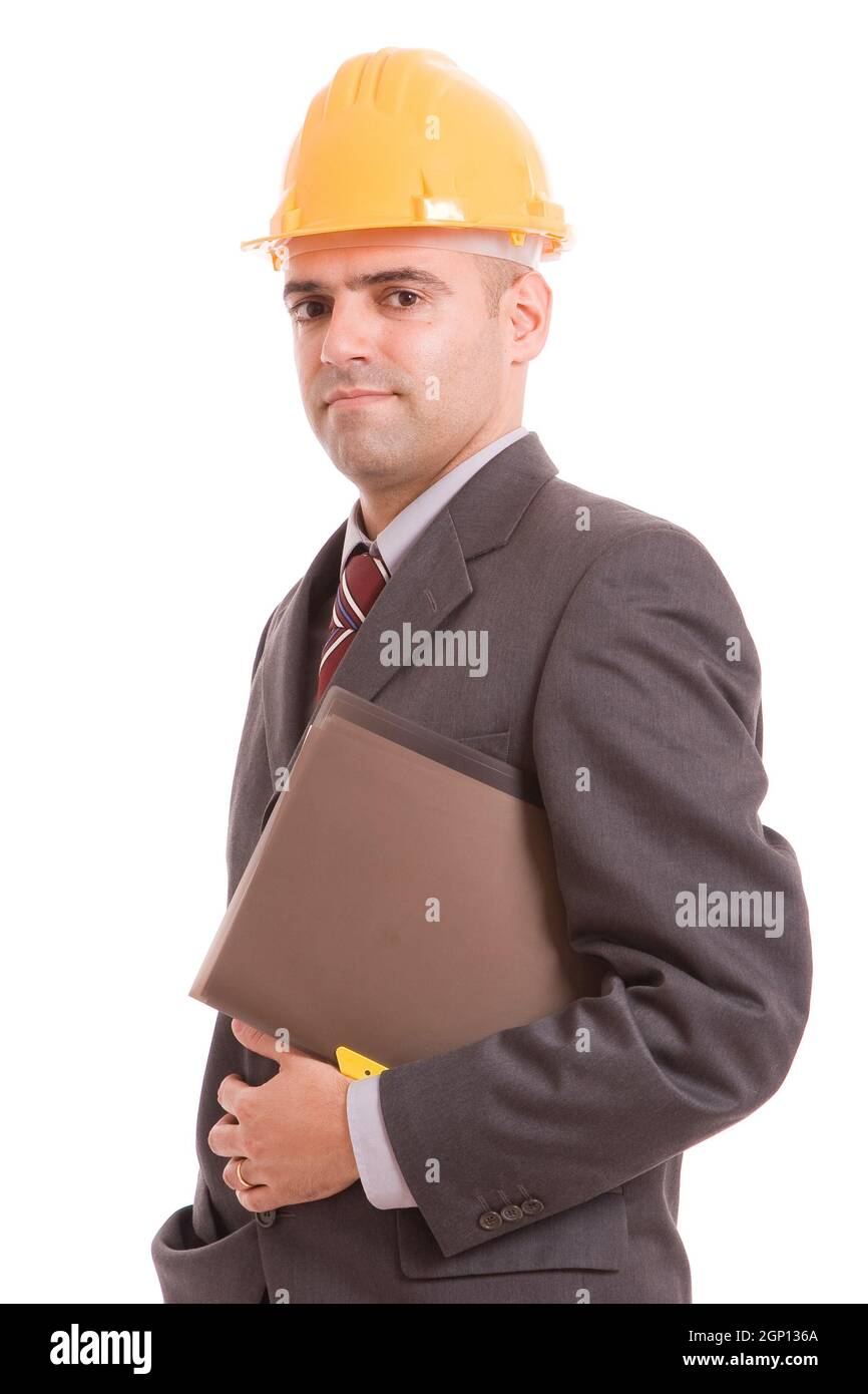 Engineer posing isolated over white background Stock Photo - Alamy