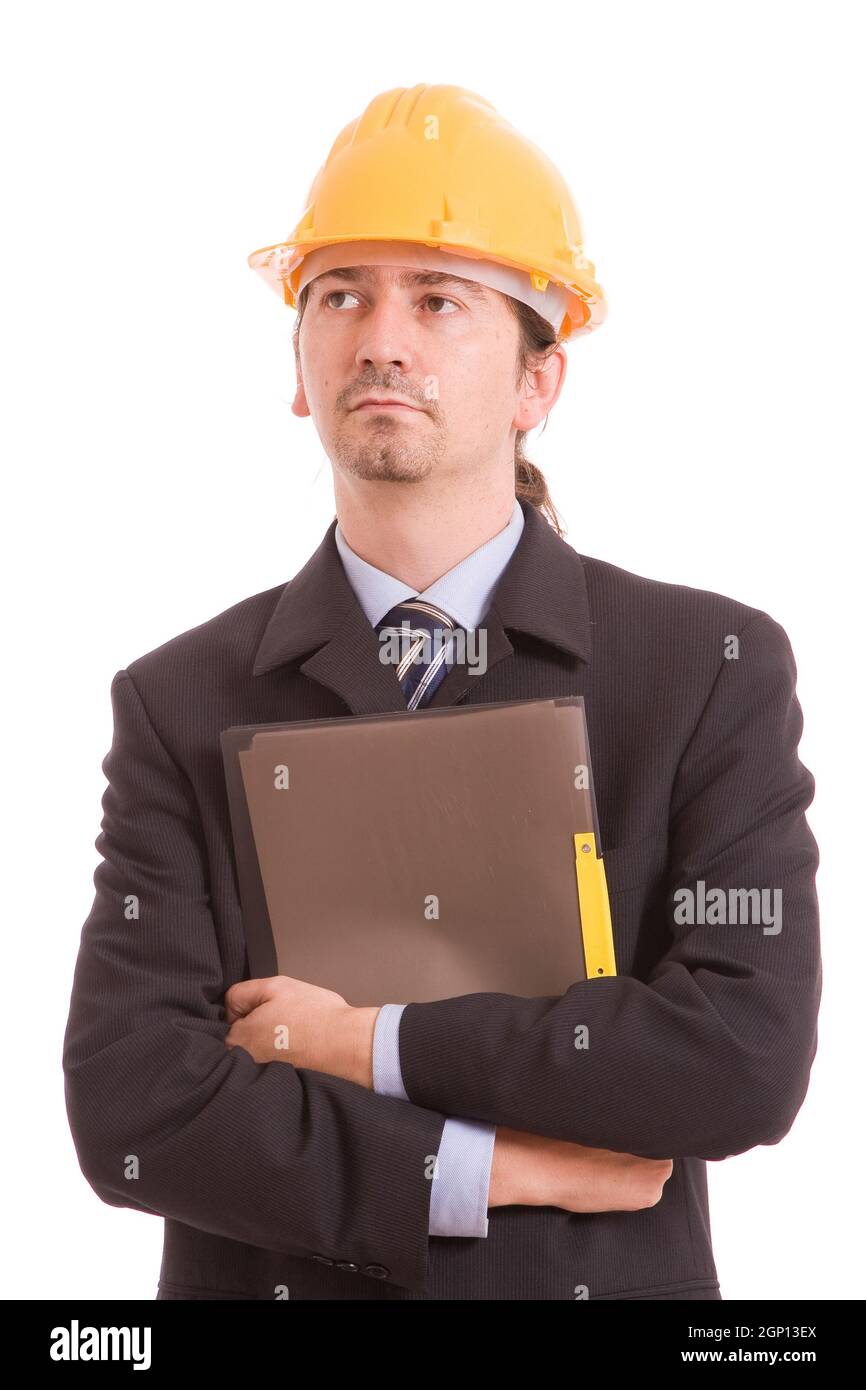 Engineer posing isolated over white background Stock Photo - Alamy