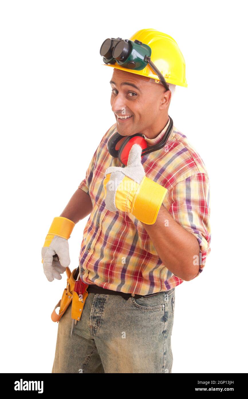 Happy construction worker, isolated on white Stock Photo - Alamy
