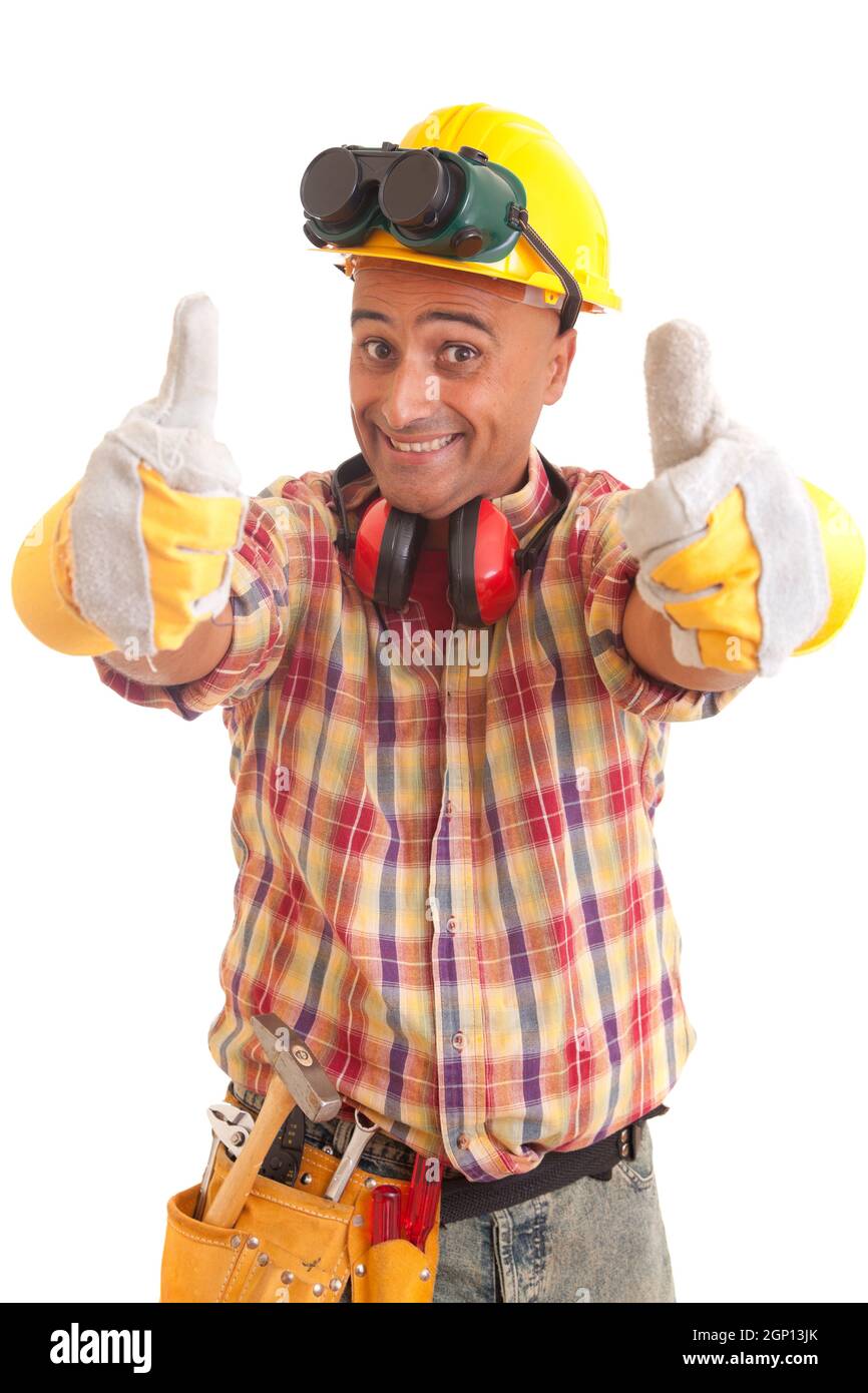 Happy construction worker, isolated on white Stock Photo - Alamy