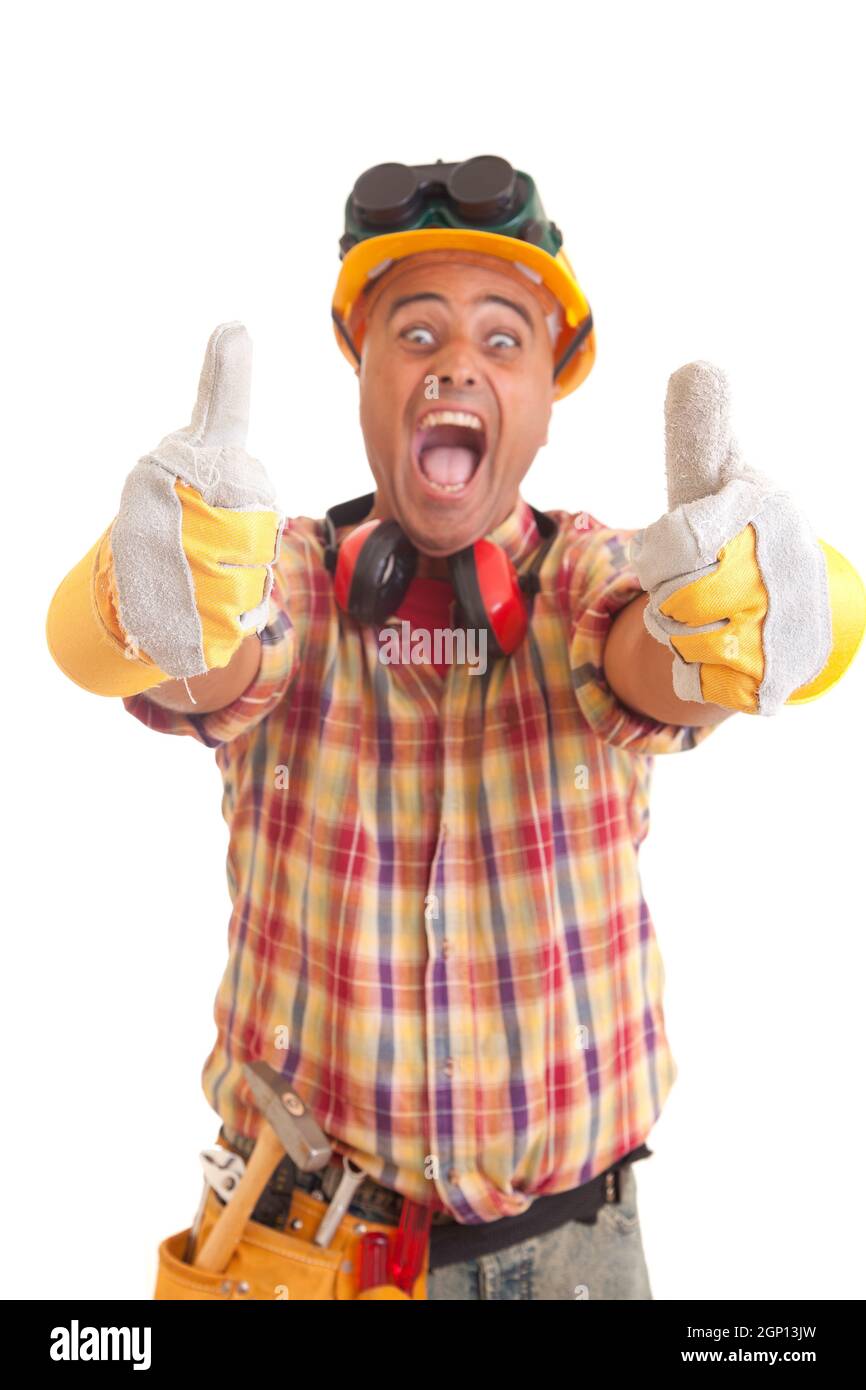 Happy construction worker, isolated on white Stock Photo - Alamy