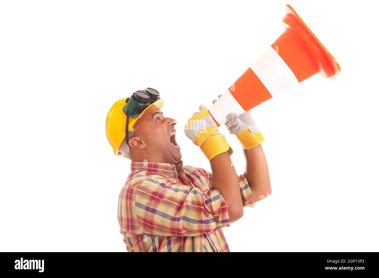 Construction worker screaming, isolated on white Stock Photo - Alamy