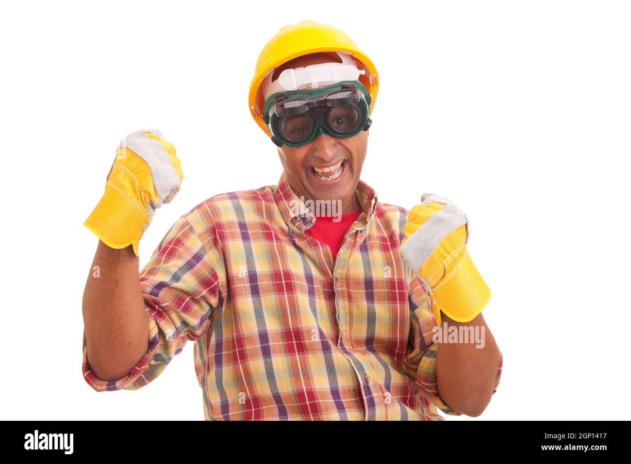 Happy construction worker, isolated on white Stock Photo - Alamy