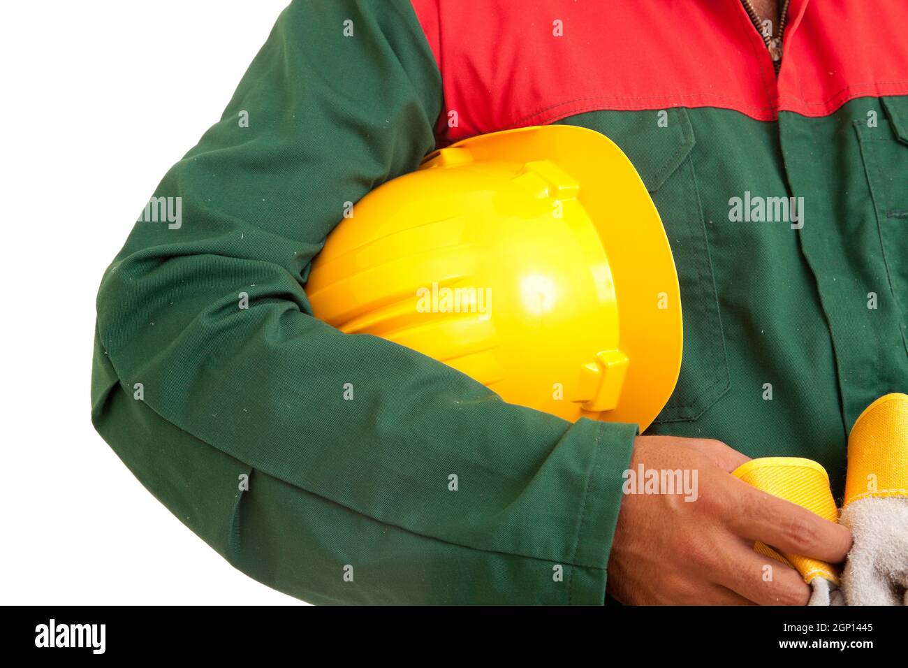 Worker holding helmet, isolated over white Stock Photo - Alamy