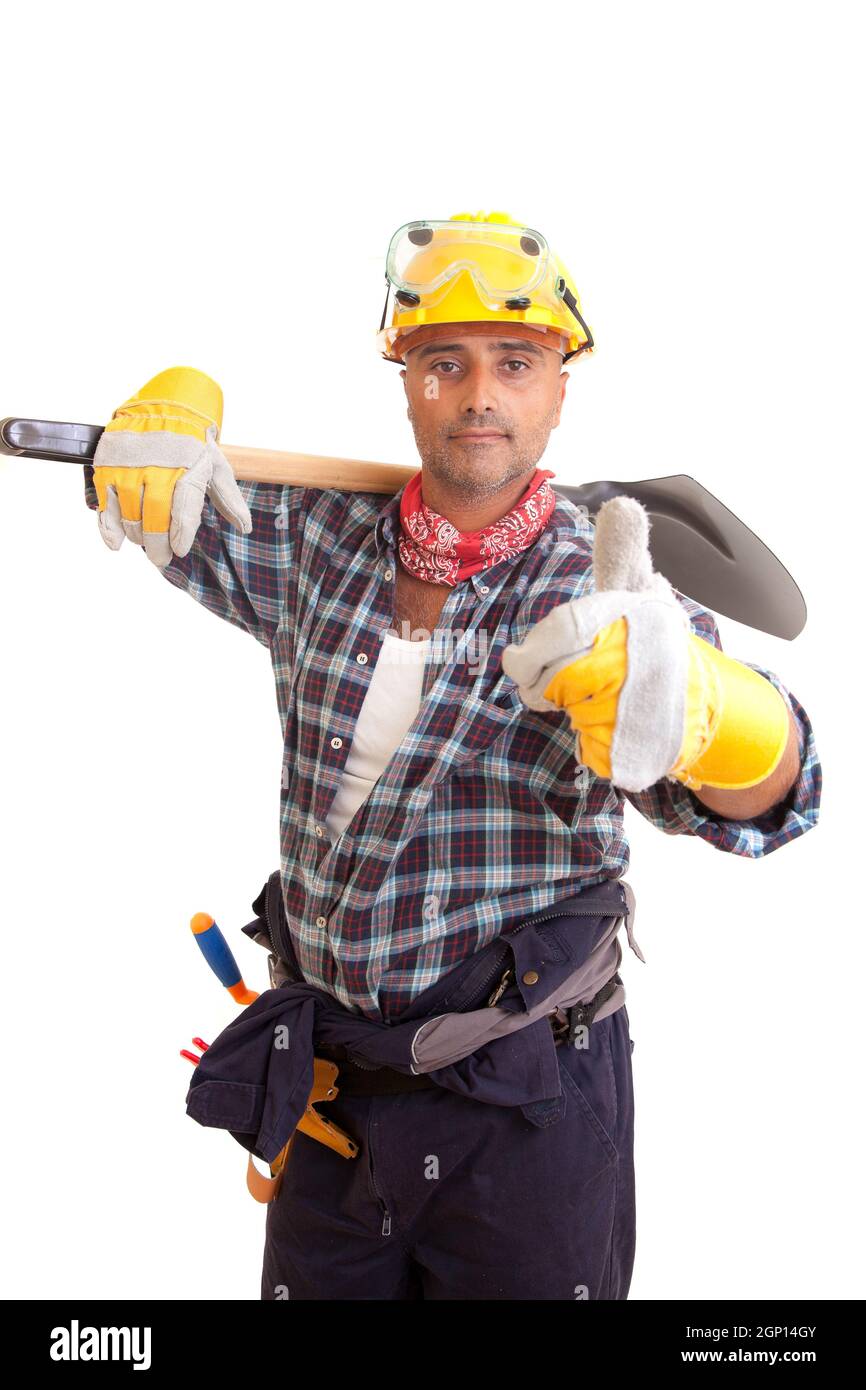 Happy construction worker, isolated on white Stock Photo - Alamy