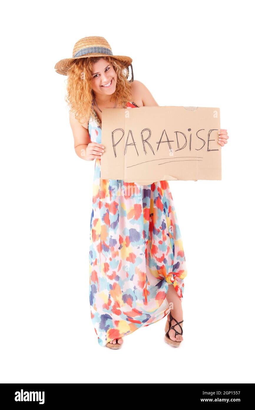 Pretty young woman holding a blank card Stock Photo - Alamy