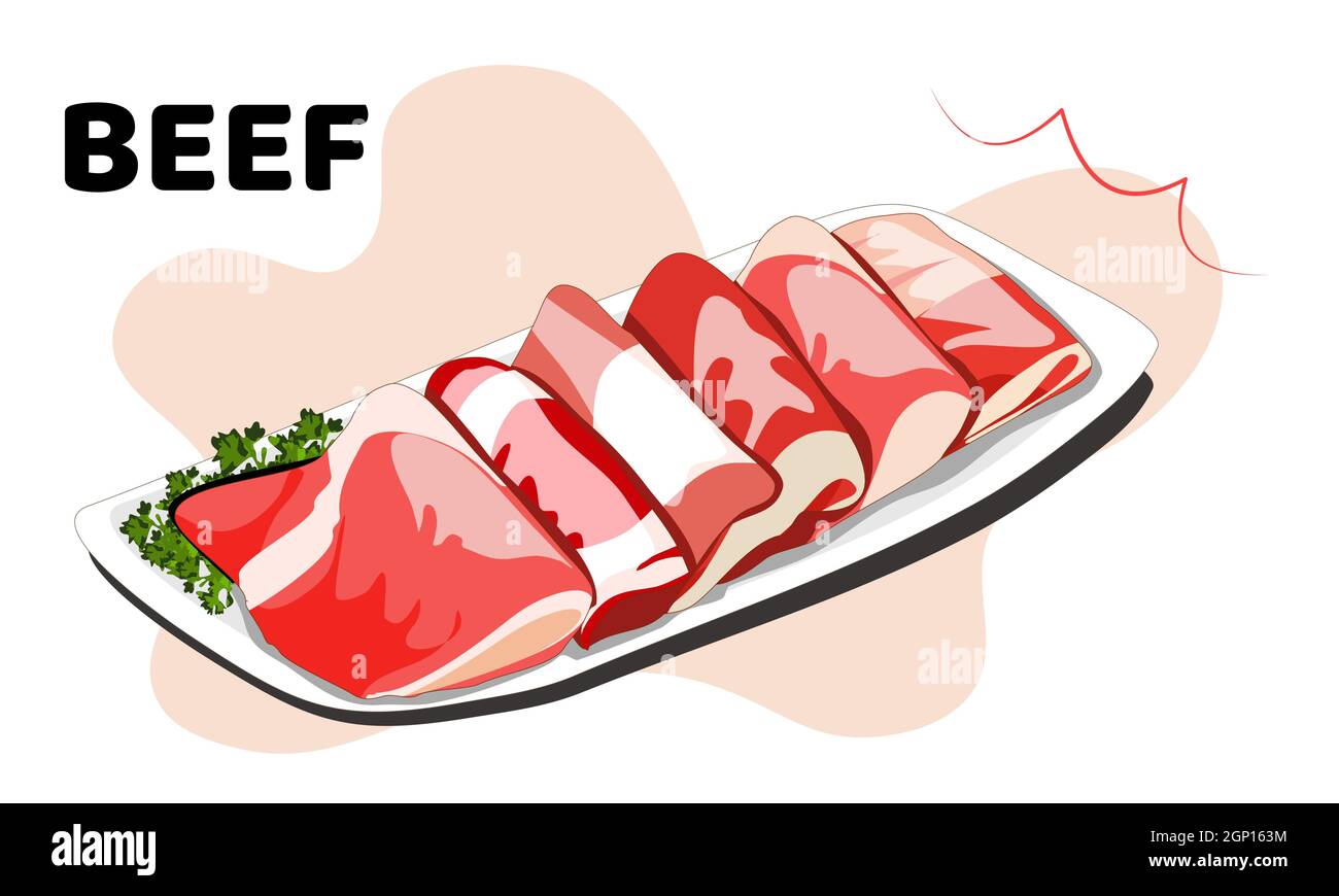 a dish of beef sliced on white background and text. Isolated close up ...