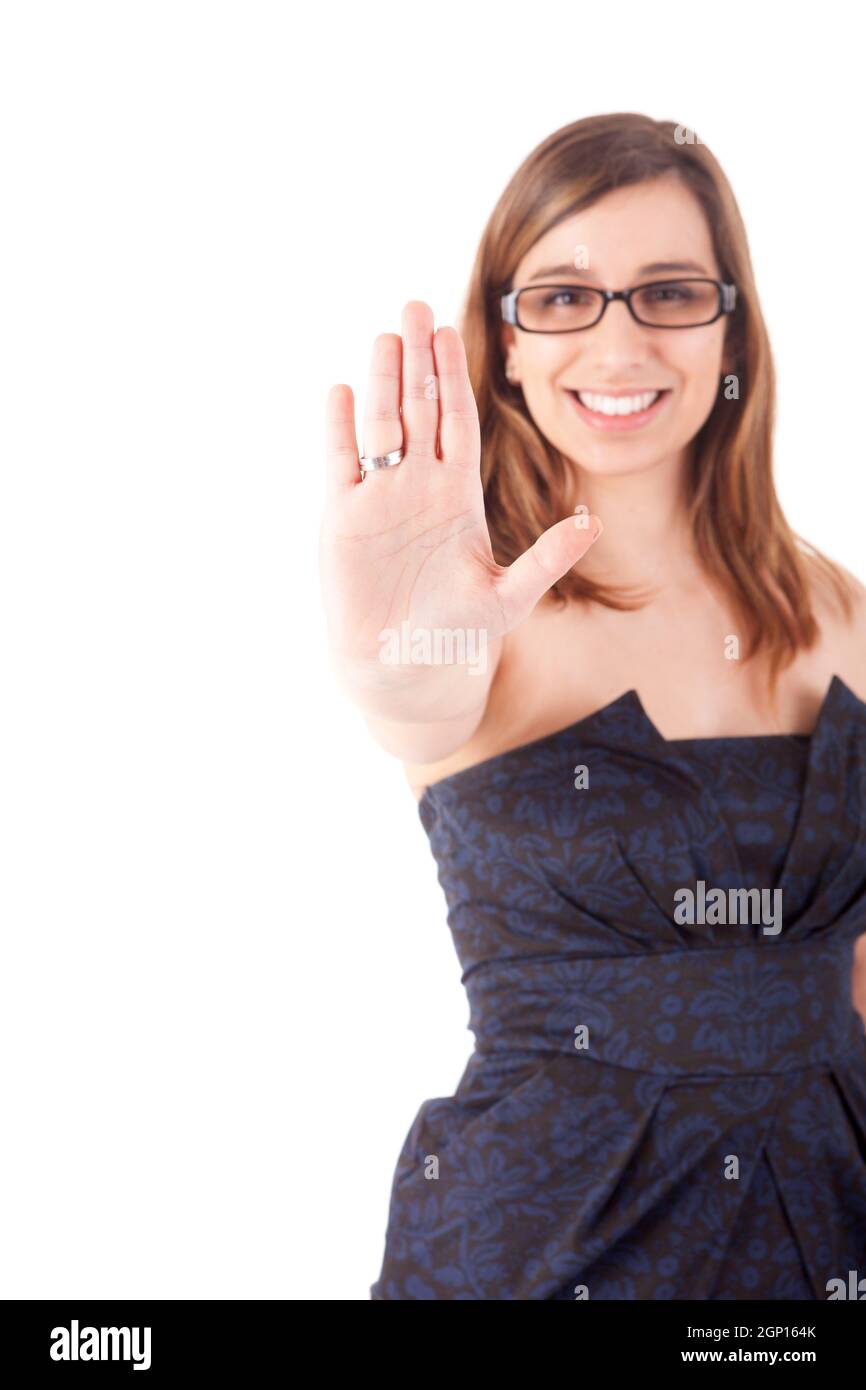 A Young Business woman making a stop sign Stock Photo - Alamy