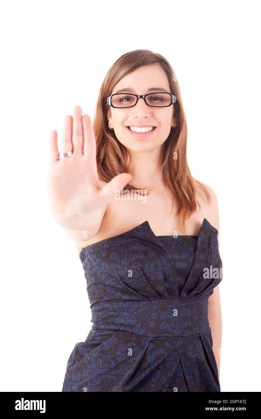 A Young Business woman making a stop sign Stock Photo - Alamy