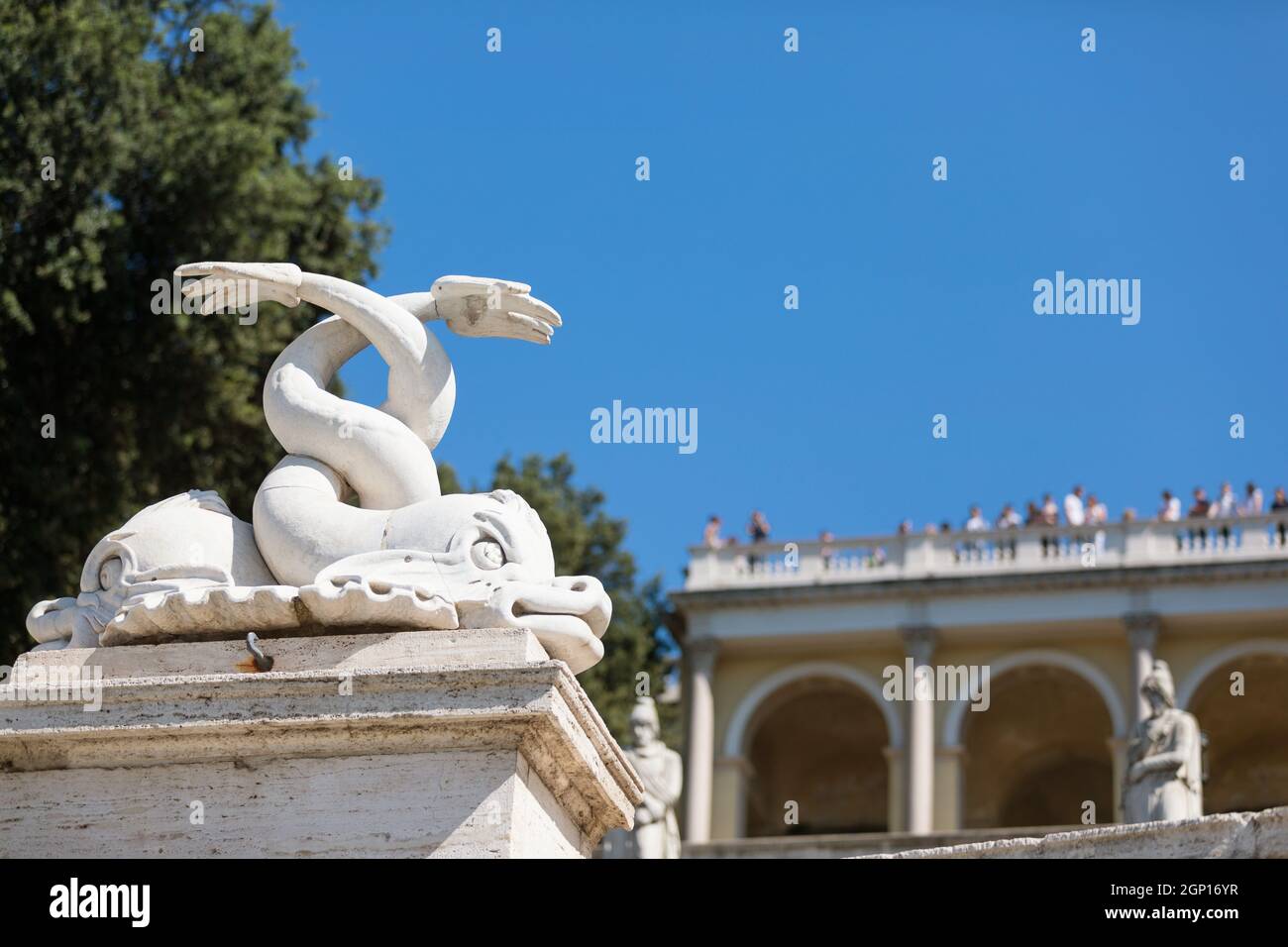 Statues in the Piazza del Popolo in Rome, Italy, the middle of Summer ...