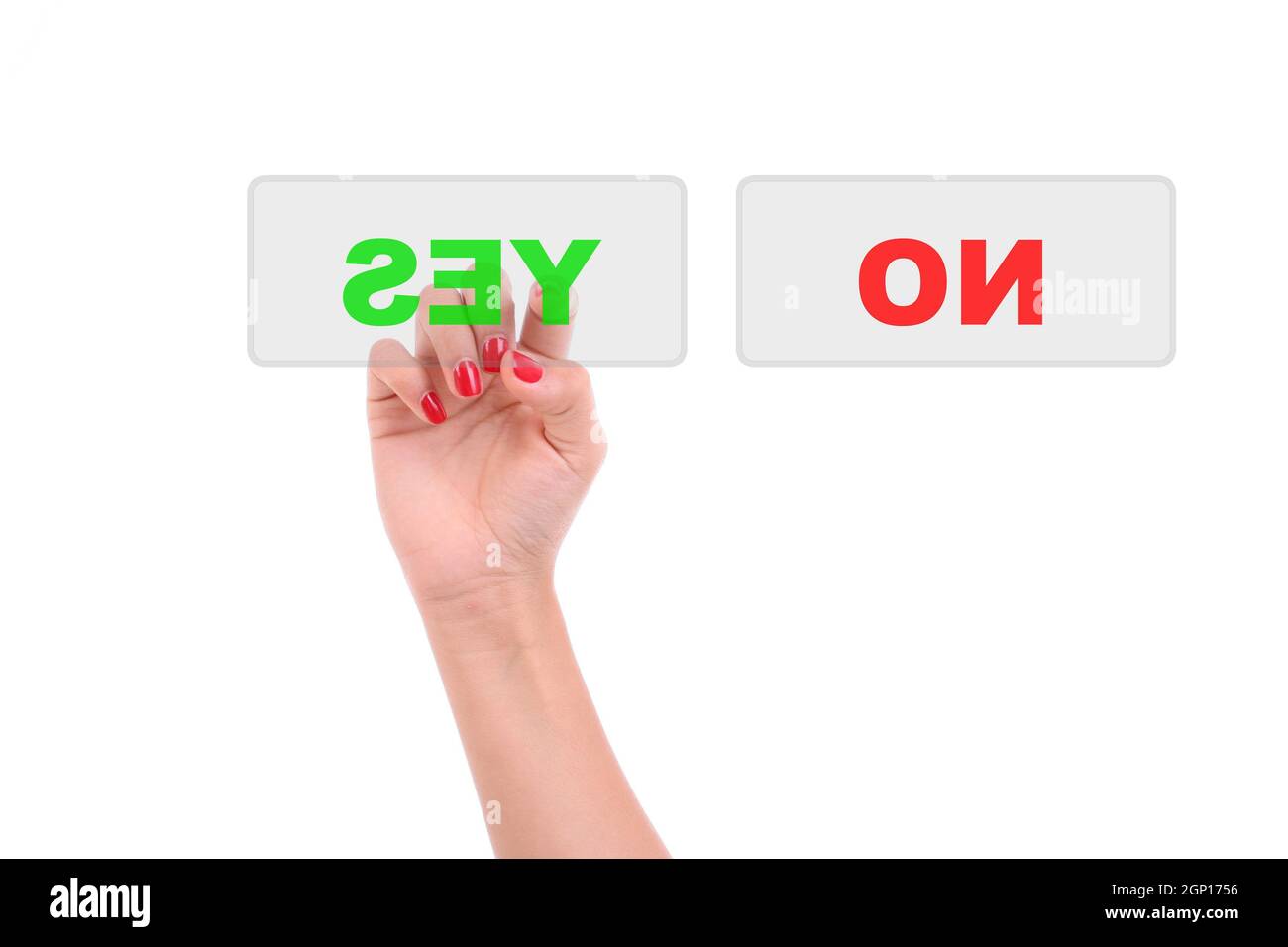 Woman's Finger pressing the Yes key - Isolated over white background ...
