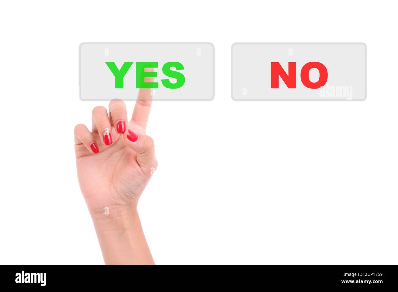 Woman's Finger pressing the Yes key - Isolated over white background ...