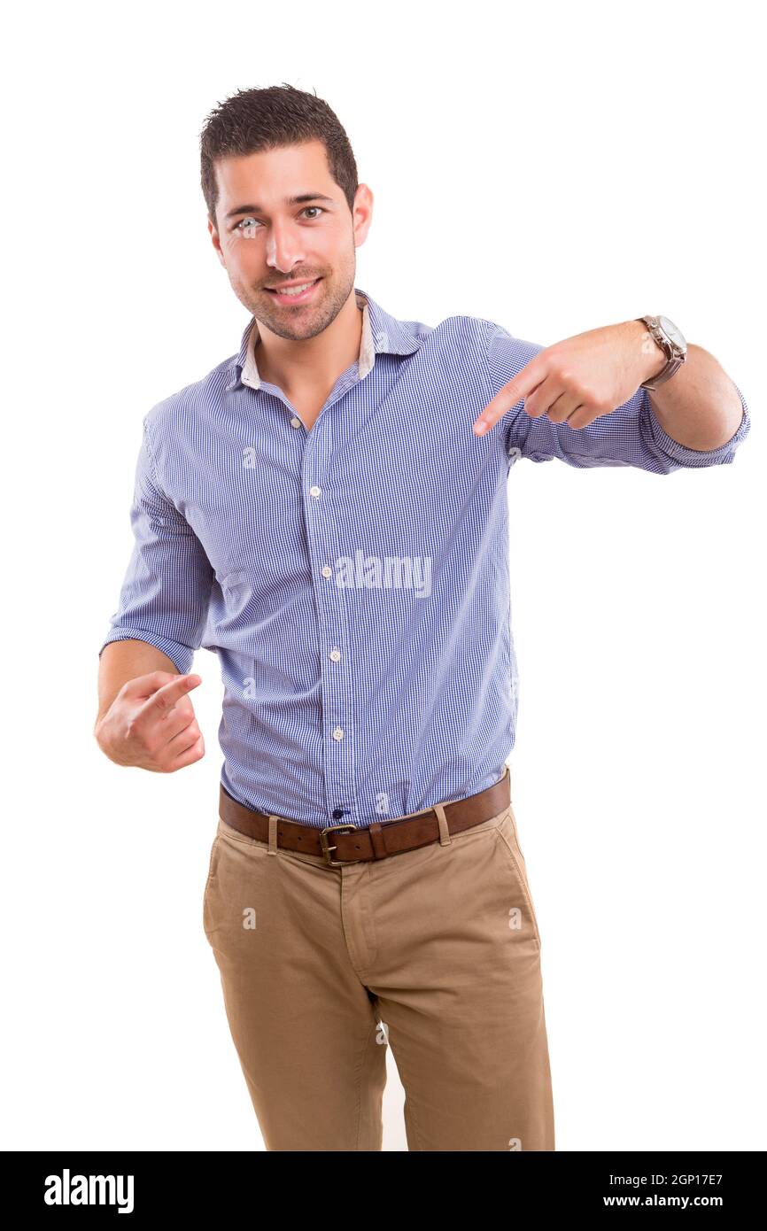 Young man presenting your product, isolated over a white background ...